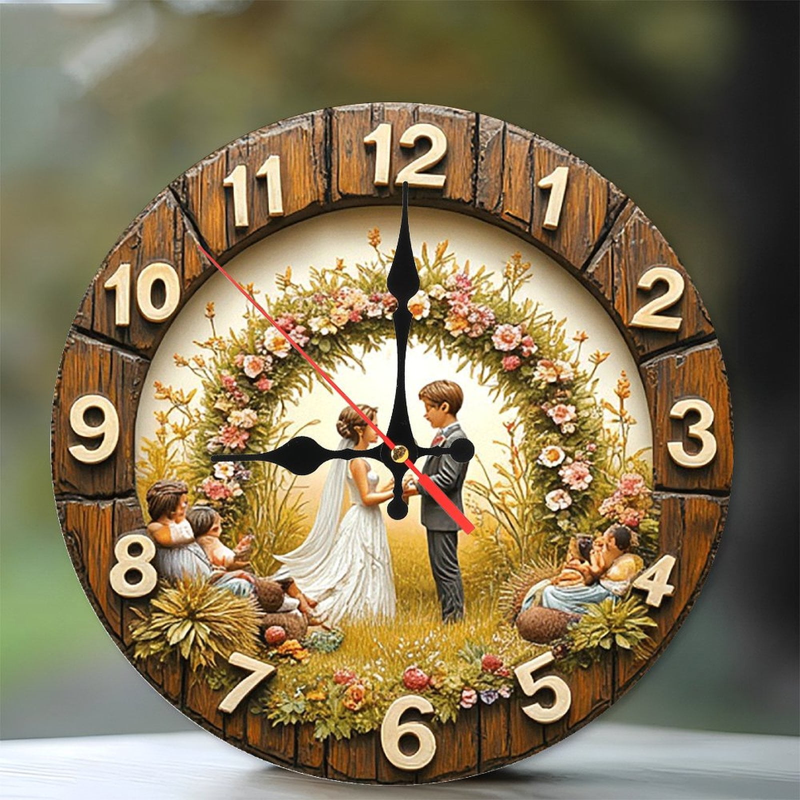 Wedding Couple Wooden Wall Clock Romantic Floral Design 10-Inch Silent ...