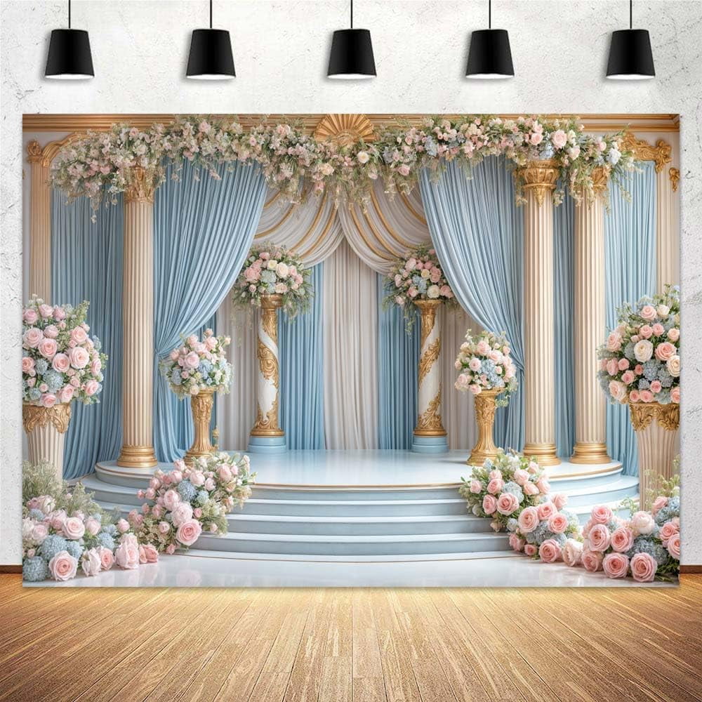 Wedding Decorations Backdrop Blue and White Floral Castle Palace Girls ...