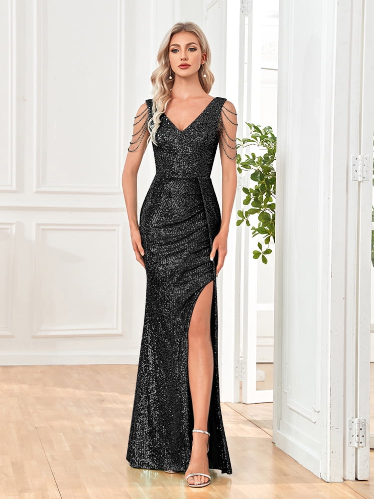 Wedding Dress Wedding Guest Dresses for Women V-Neck Spangled Fishtail ...