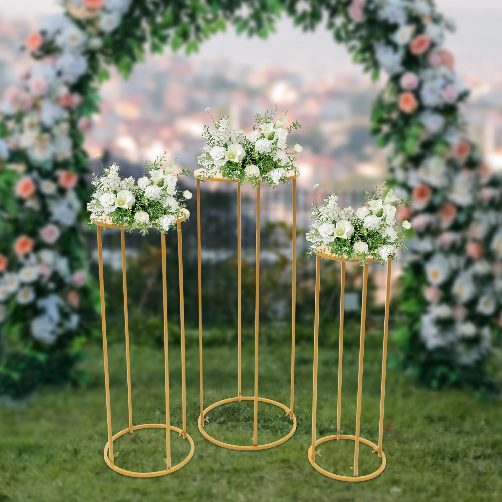 Wedding Flower Stand, 3PCS Cylinder Pedestal Stands, Gold Metal Plant ...