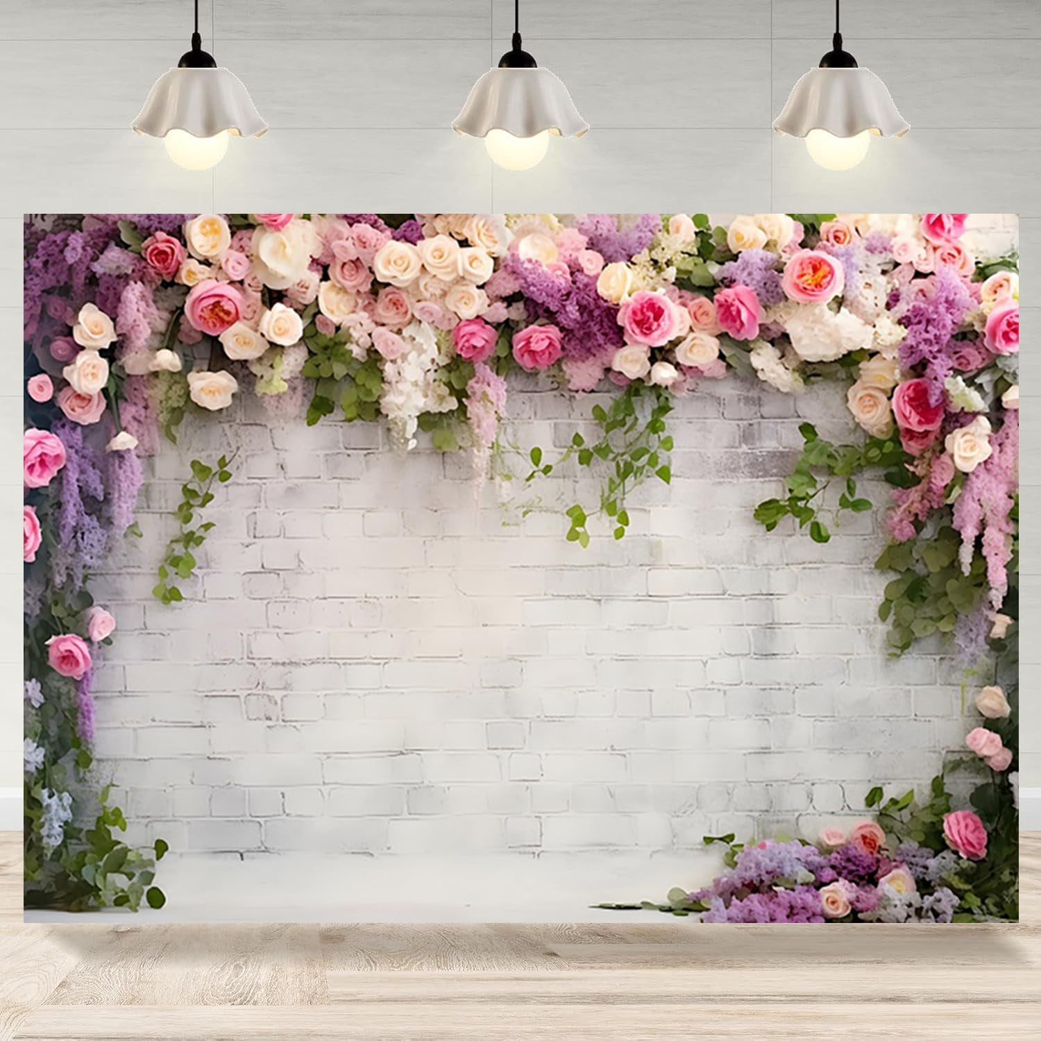 Wedding Flower Wall Backdrop Rustic White Brick Wall Pink Floral ...