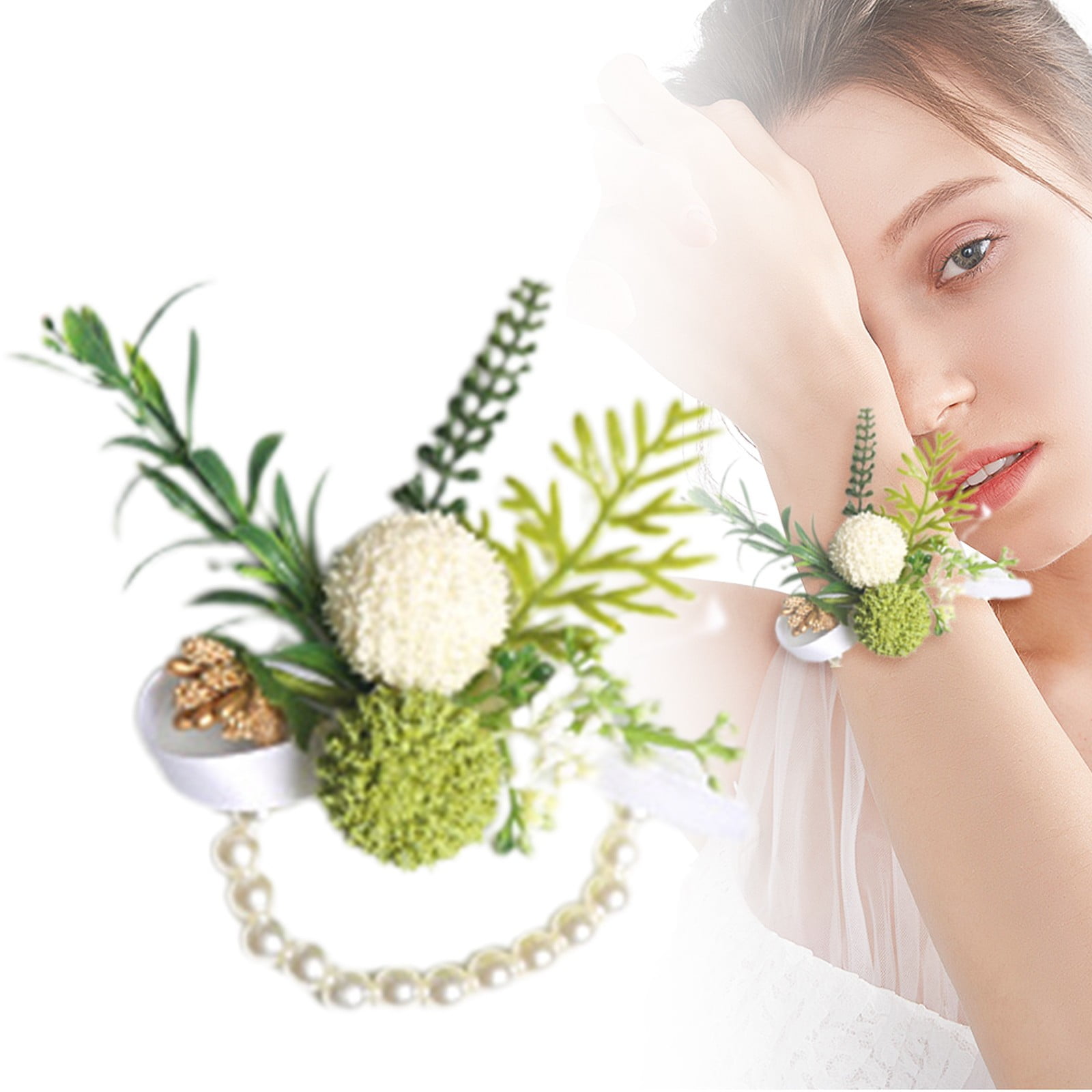 Wedding Flower Wrist Artificial Flower White Green Ball F Type (Wrist ...
