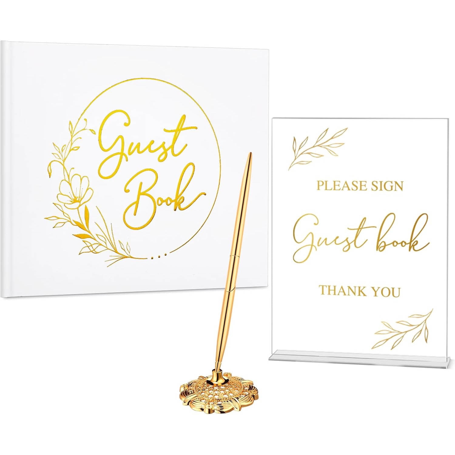 Wedding Guest Book Set with Lined Registry, Gold Pen and Holder ...