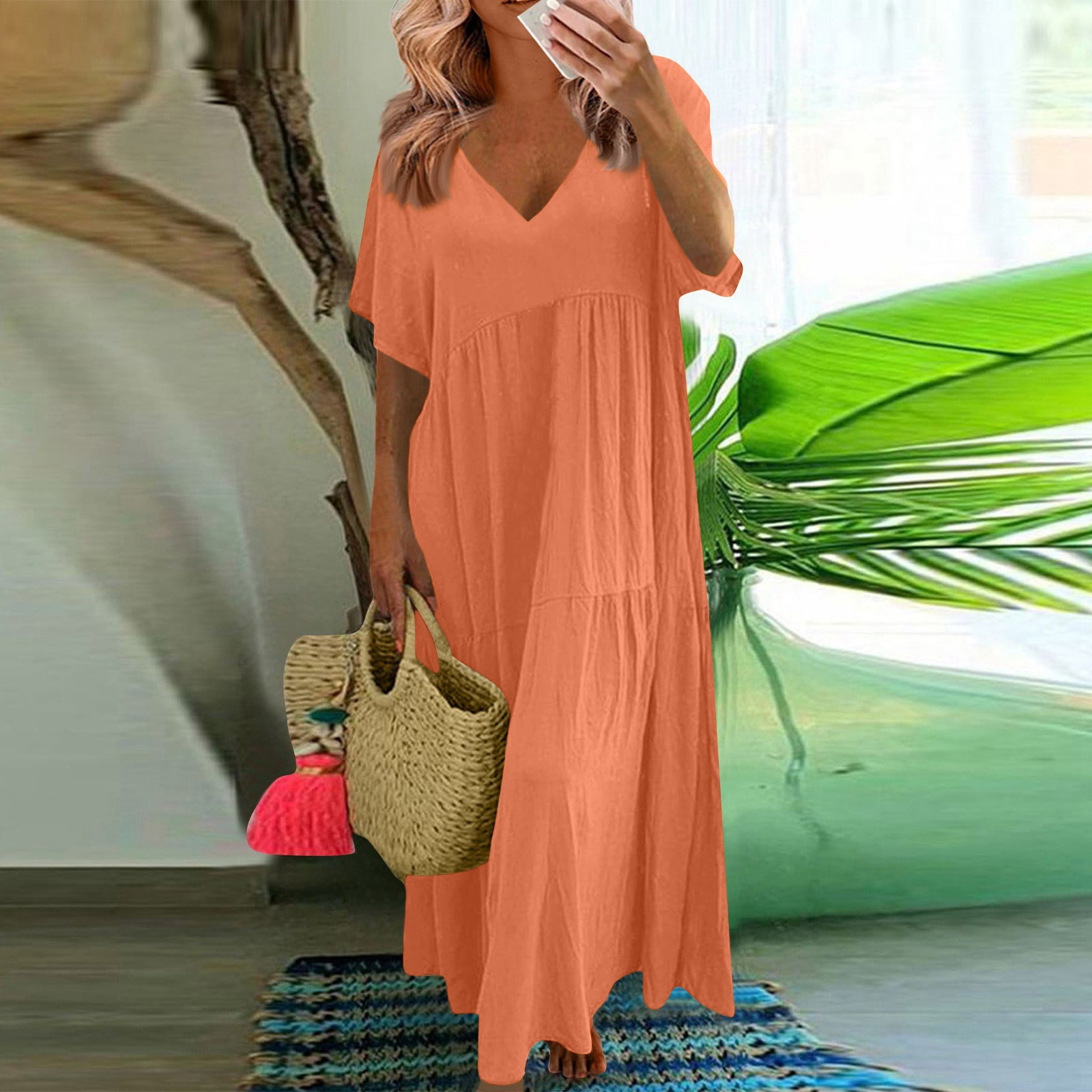 Wedding Guest Dresses for Women, Cotton Linen Tiered Maxi Dress, V-Neck ...