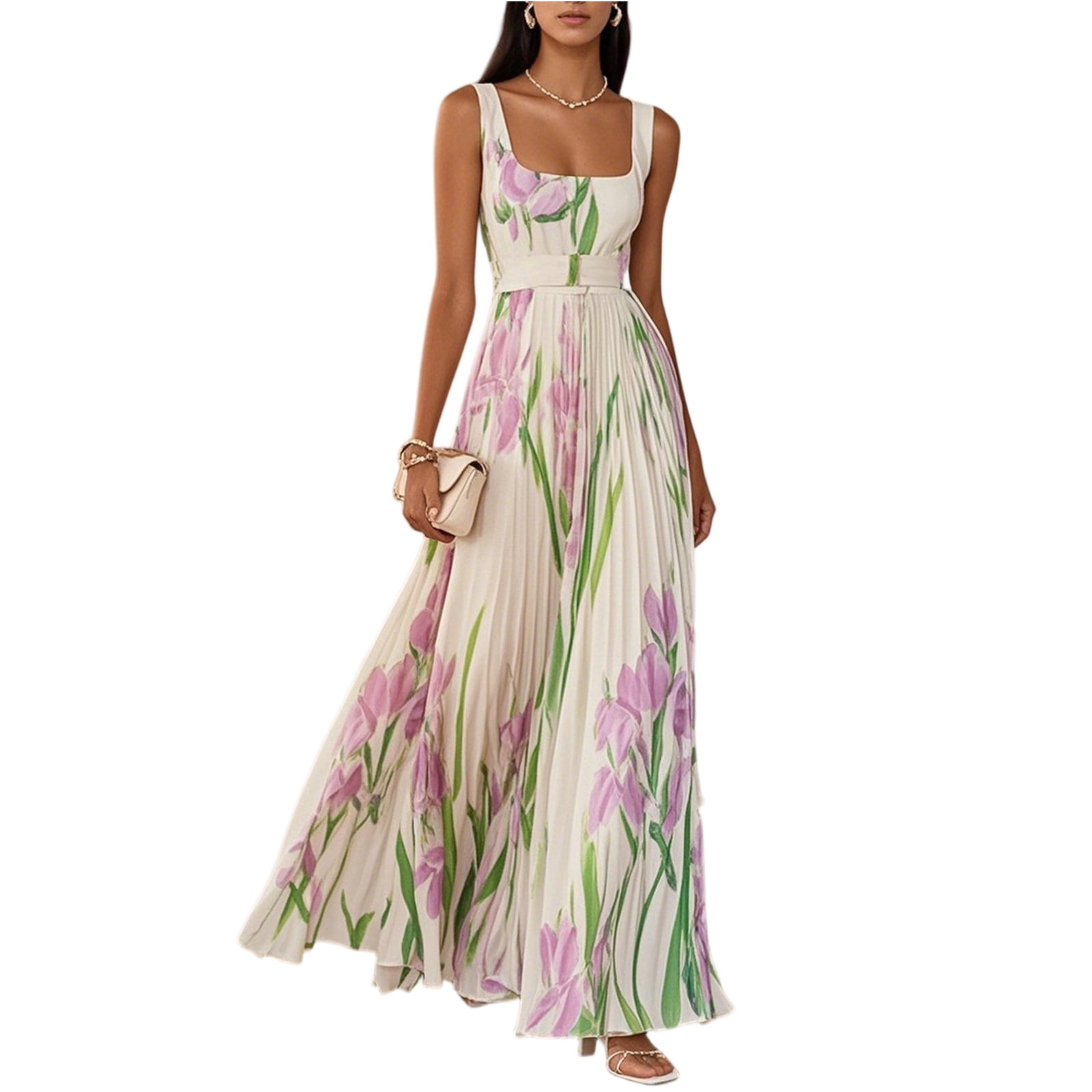 Wedding Guest Dresses for Women, Floral Pleated Chiffon Maxi Dress ...