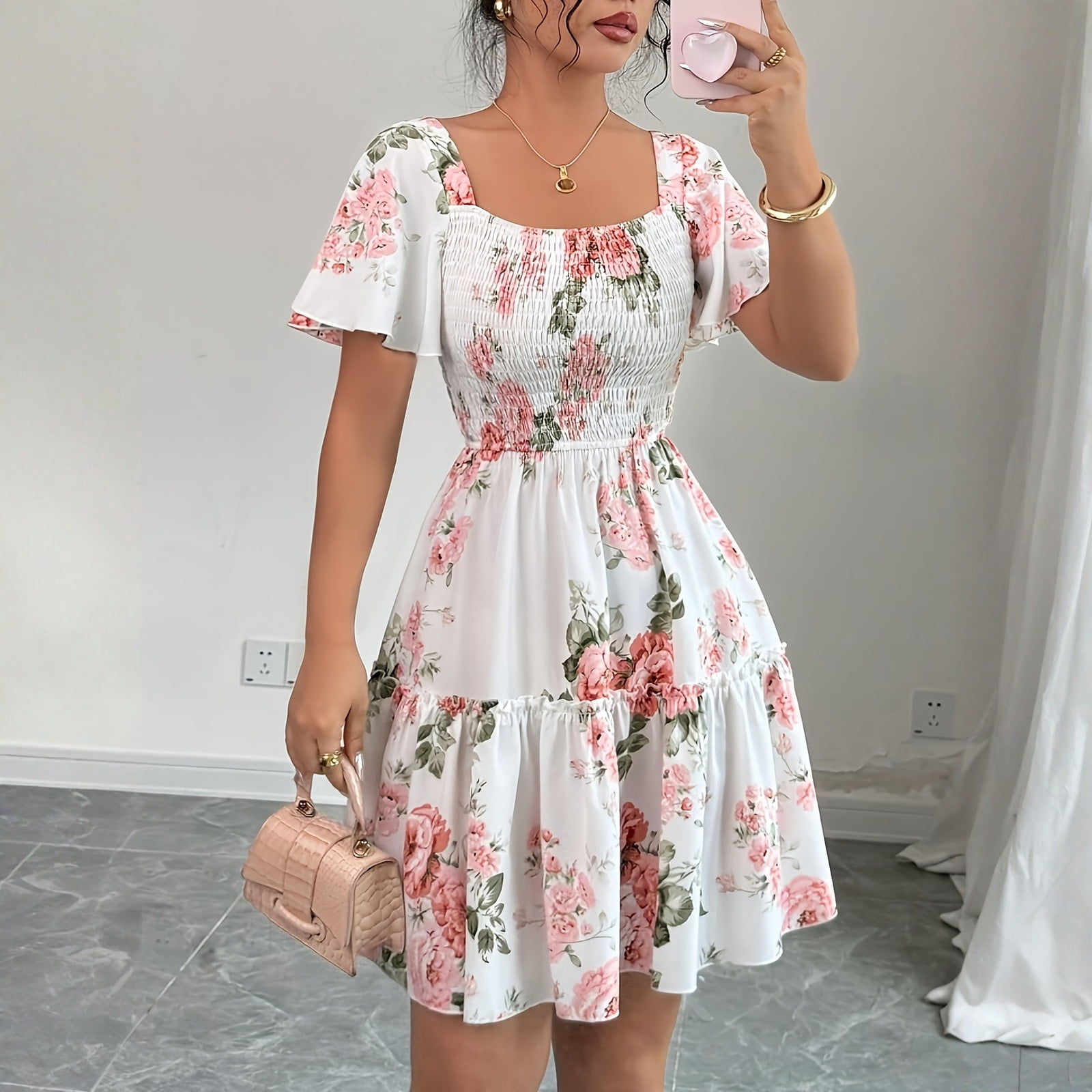 Wedding Guest Dresses for Women, Floral Smocked Short Dress, Square ...