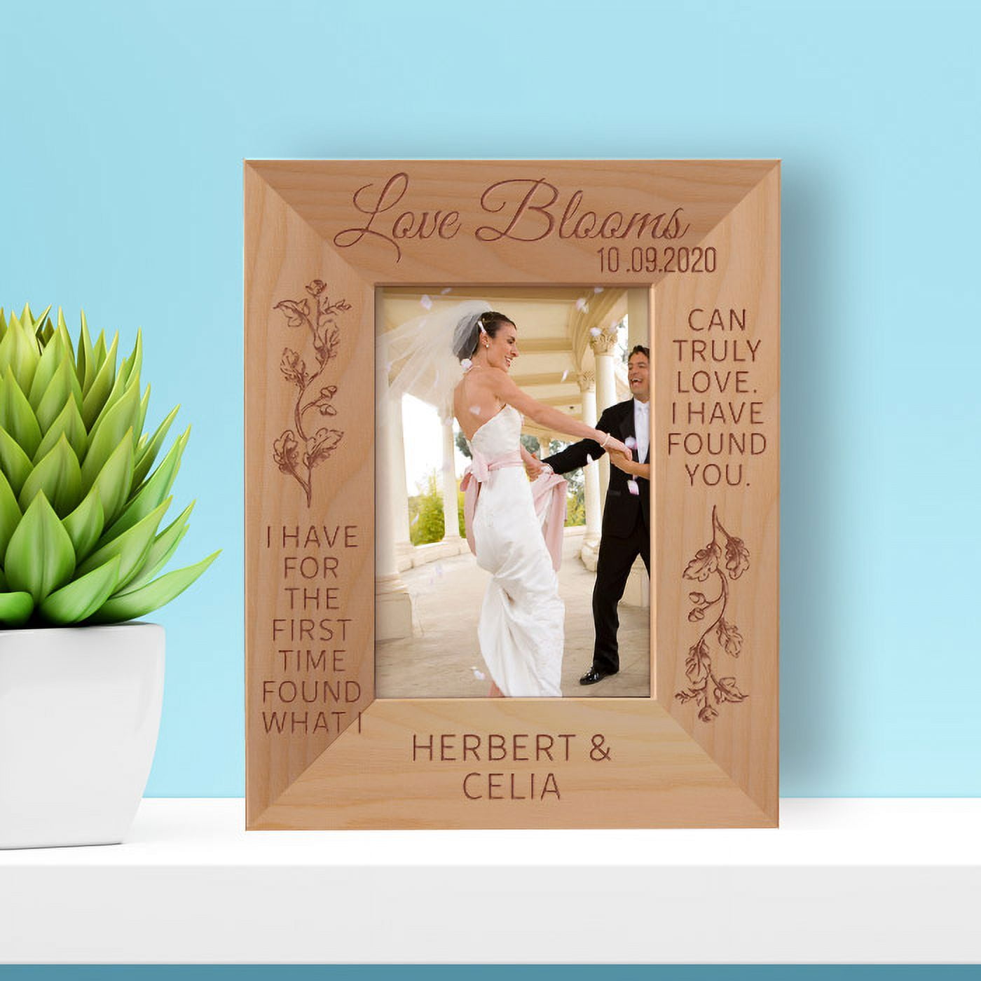Wedding Love Blooms Personalized Wooden Frame 3 1/2" x 5" Brown ...