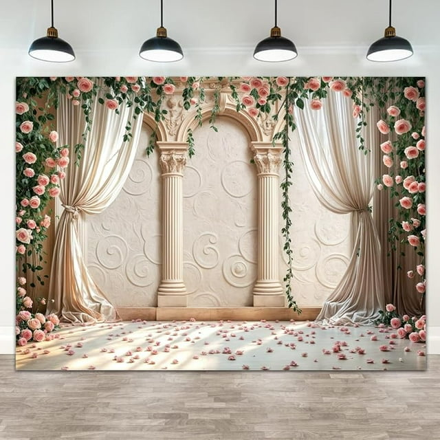 Wedding Party Backdrop Floral Grass Wall White Sheer Curtain Flower ...