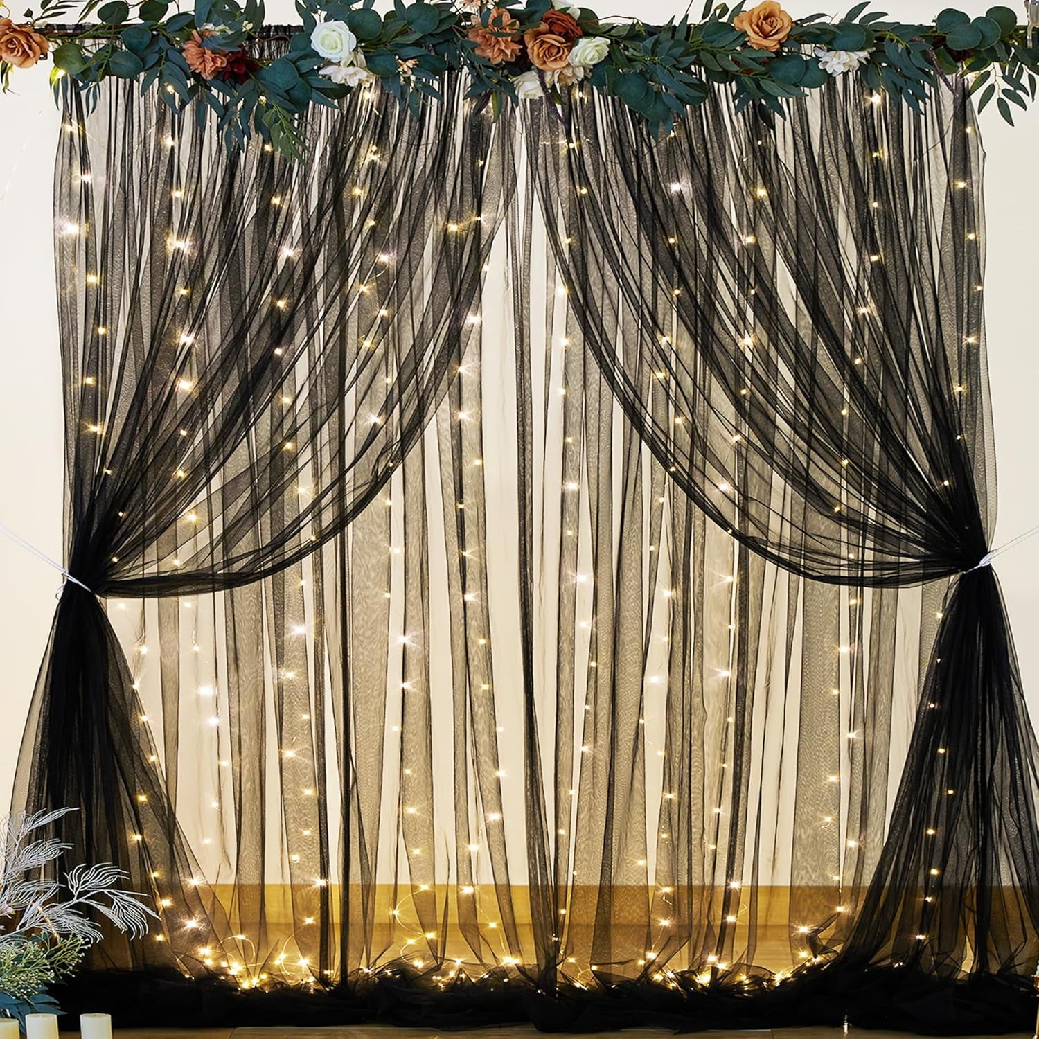 Wedding Party Tulle Backdrop Curtains with String Lights 10x8ft ...