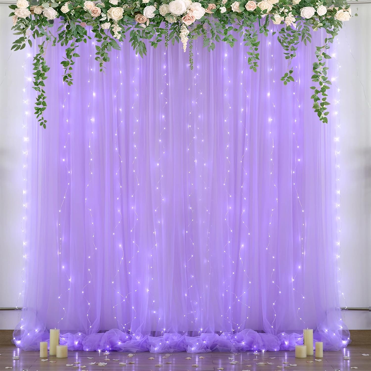 Wedding Party Tulle Backdrop Curtains with String Lights 10x8ft ...