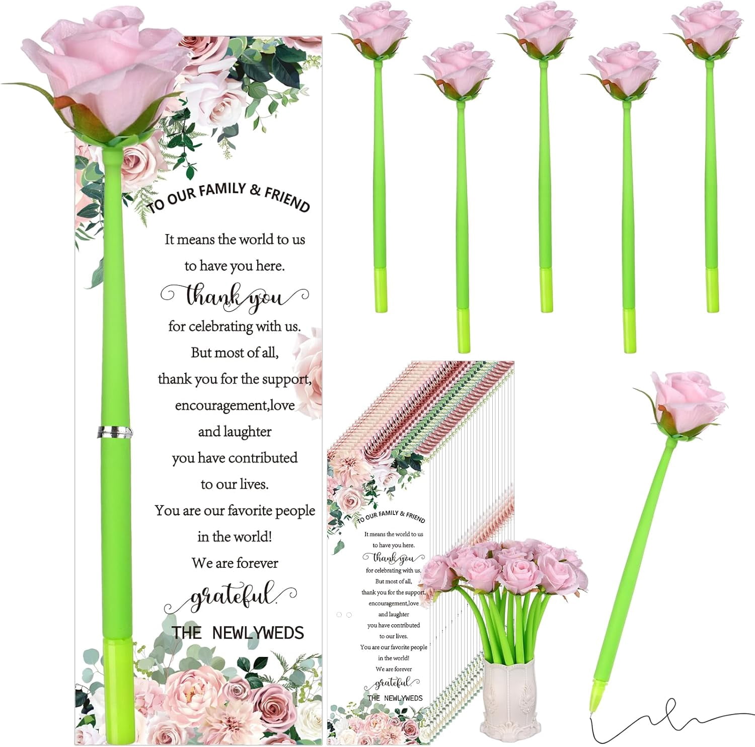 Wedding Pens Bridal Shower Pens Artificial Pink Rose Flower Ballpoint ...