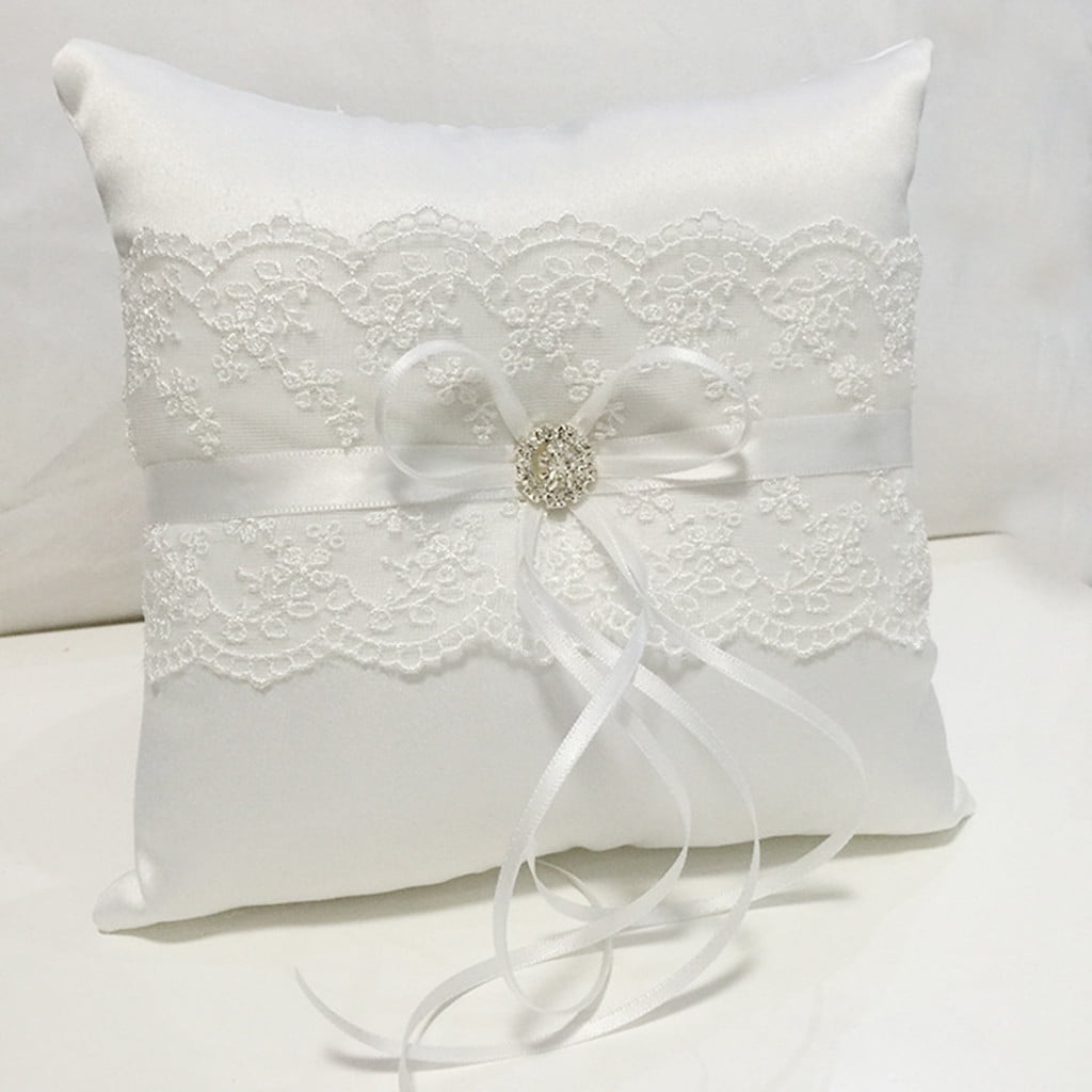 Wedding Ring Bearer Cushion with Pearl Beaded Lace Silk, Elegant White ...