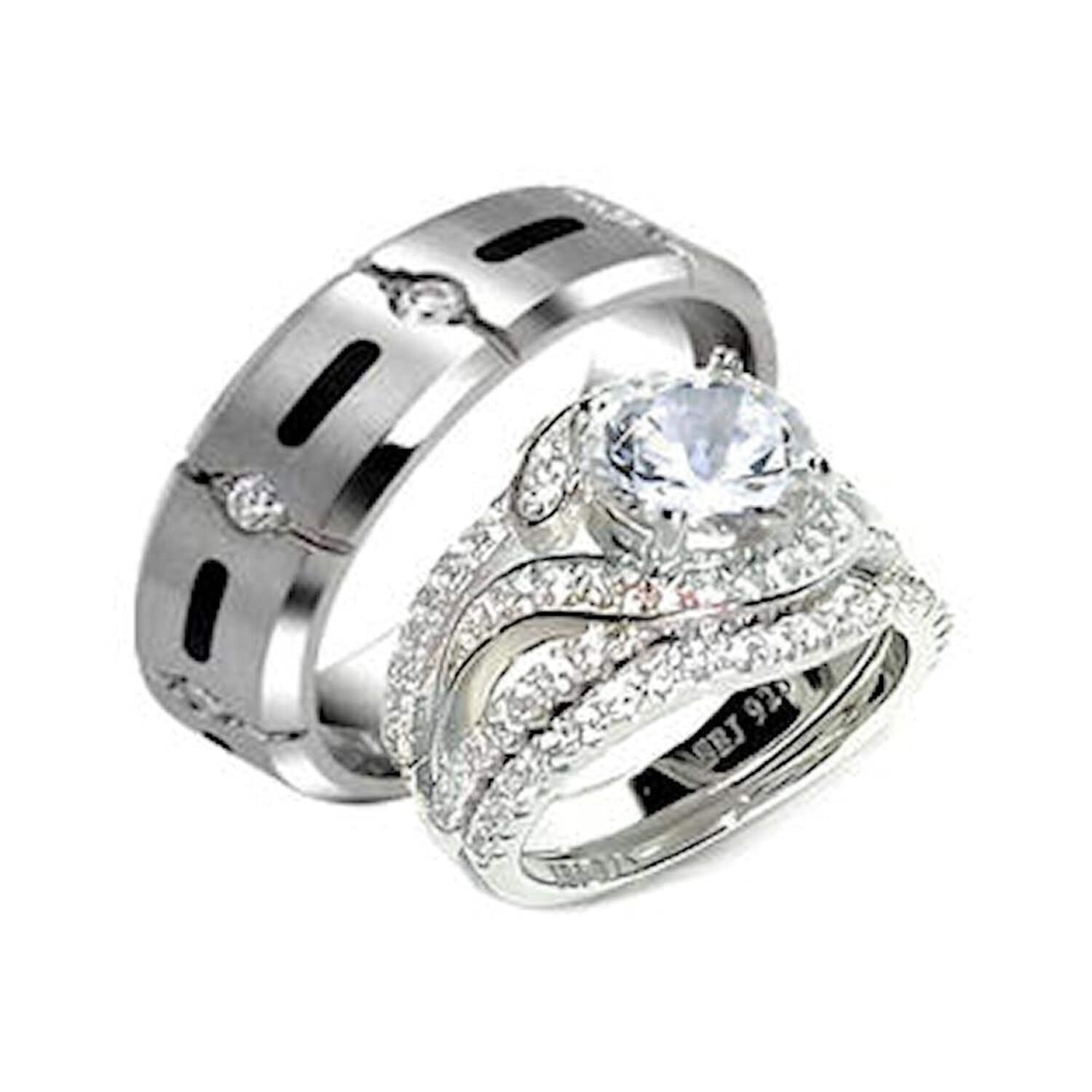 Wedding Ring His and Hers Set Halo Sterling Silver Wedding Ring for Her ...