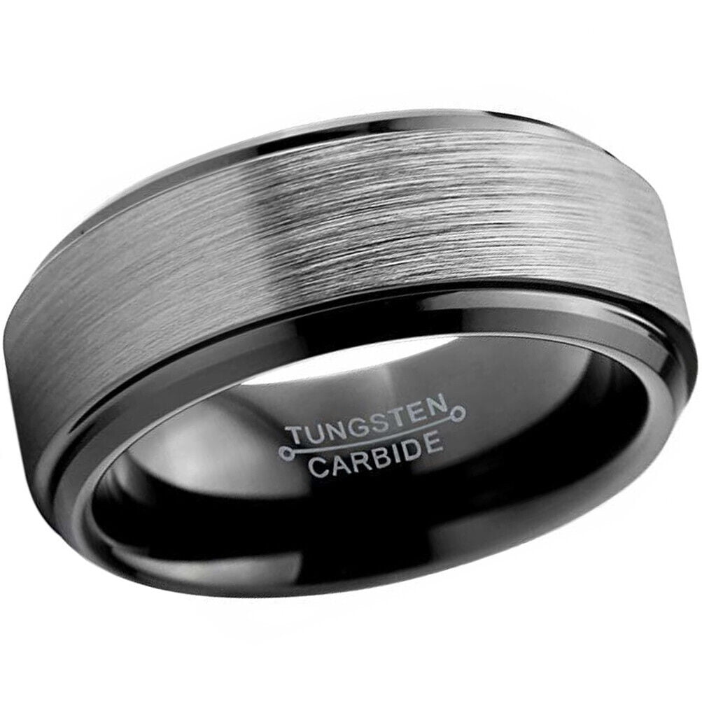 Wedding Ring Men 8mm Gray Silver Tungsten Wedding Band Black Edges ...
