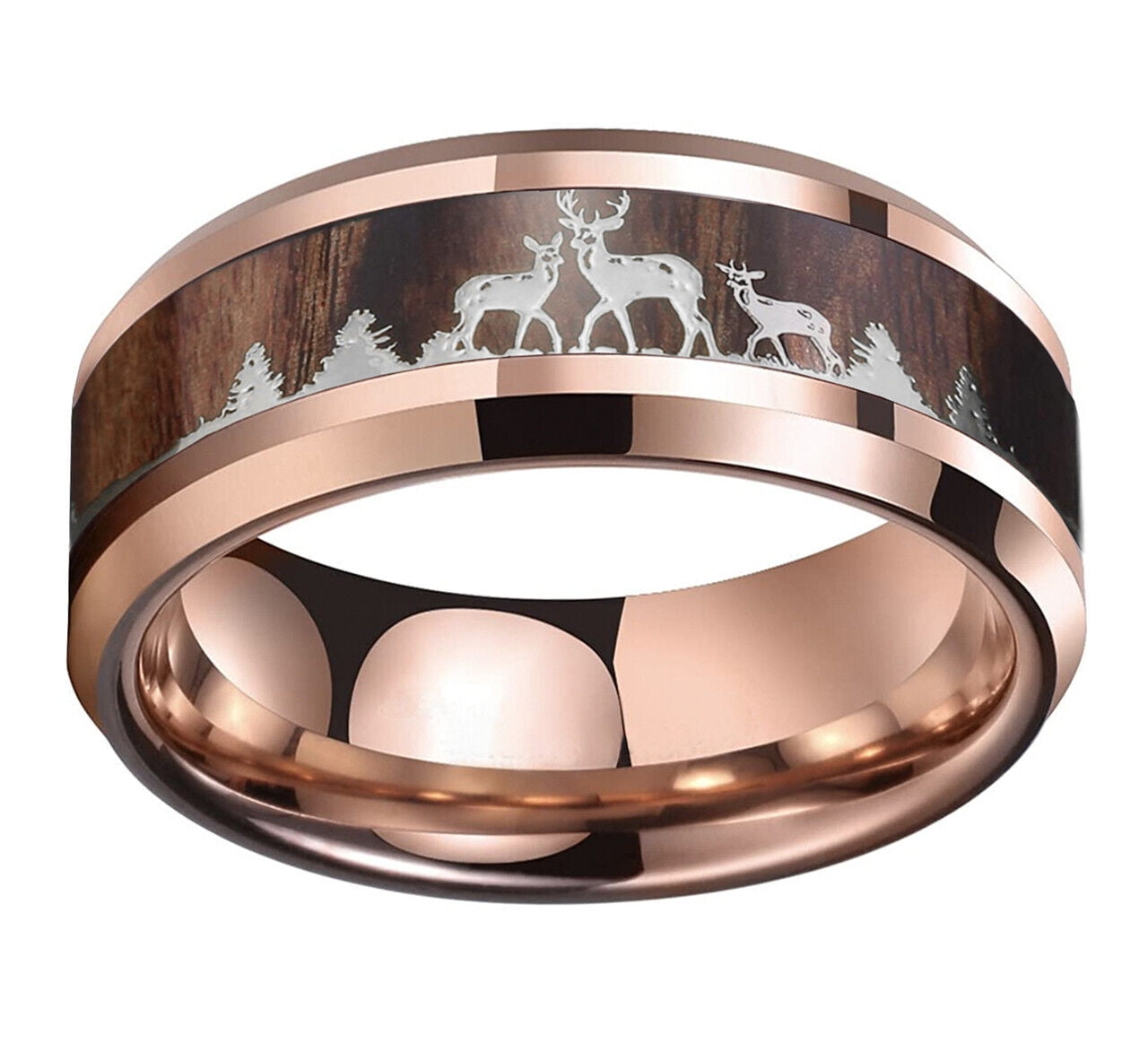 Wedding Ring Men 8mm RoseGold Hunter Deer Family Stag Hunting Tungsten ...