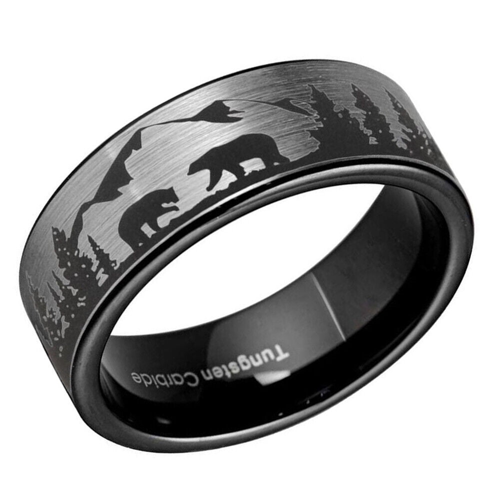 Wedding Ring Men Hunters 8mm Black Gray Bears Forest Mountain Tungsten ...