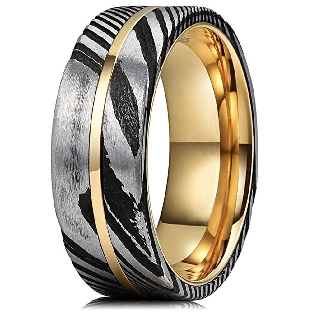 Wedding Ring Men Women. 8mm Black & Silver Damascus Band w/ Rose Gold ...