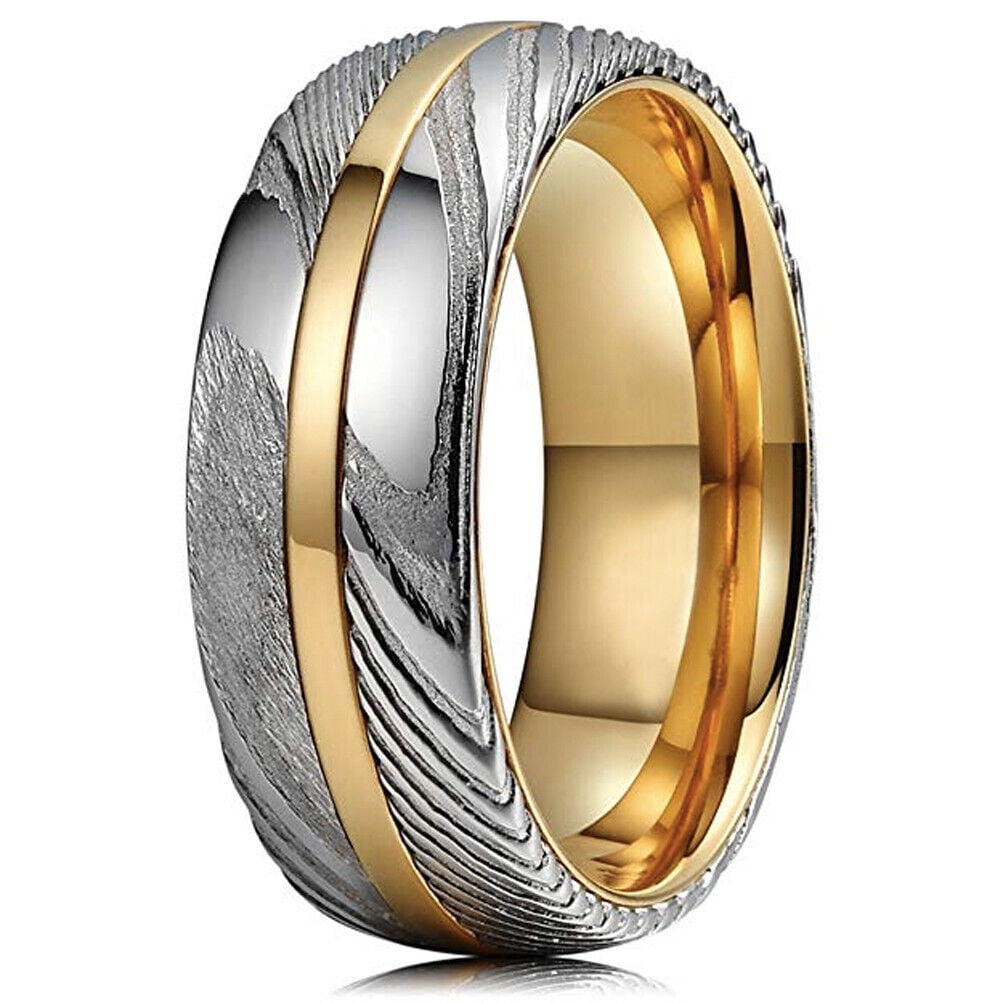 Wedding Ring Men Women. 8mm Polished Silver Damascus Band w/ Rose Gold ...