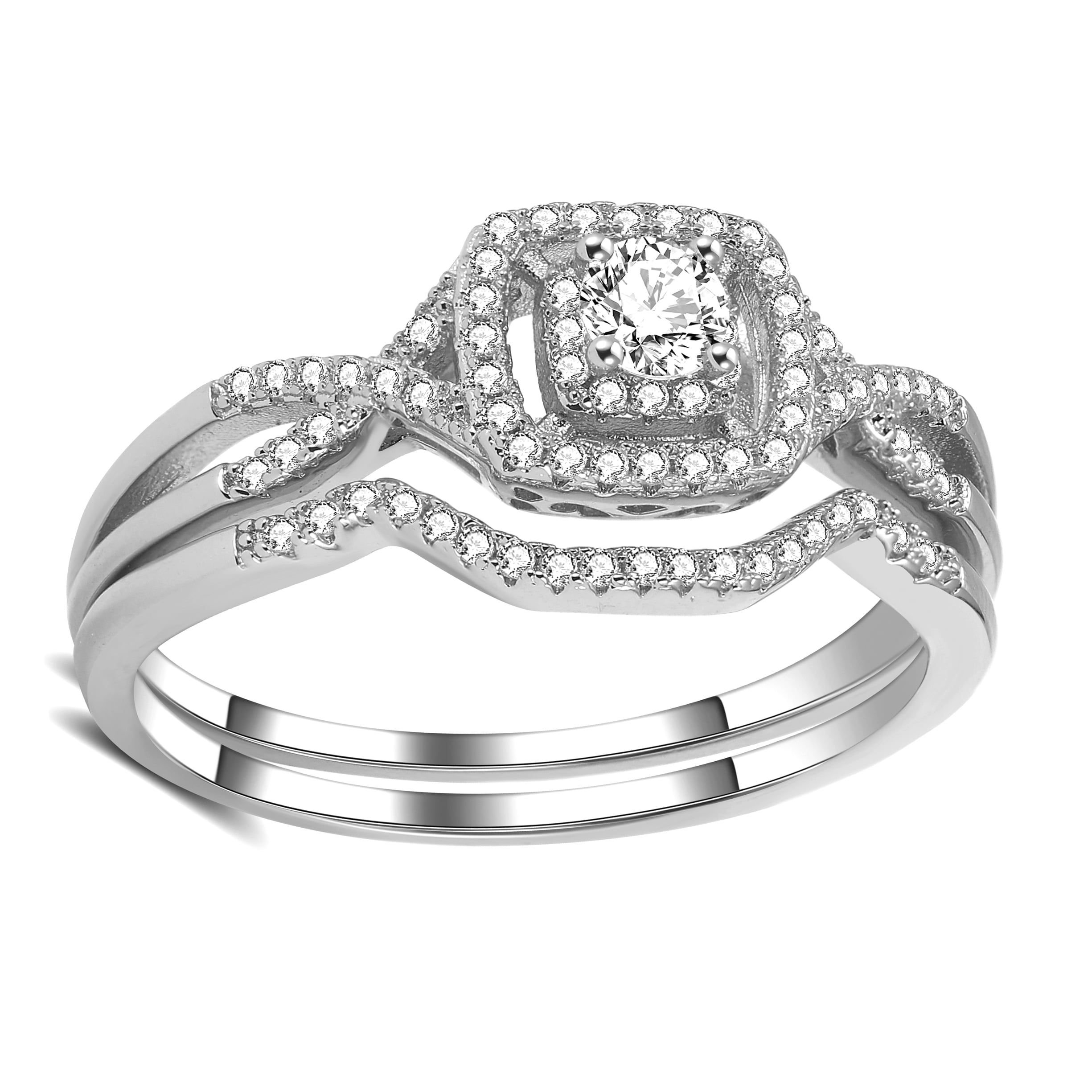 Wedding Ring Set for Women Halo CZ Sterling Silver Engagement Ring and ...