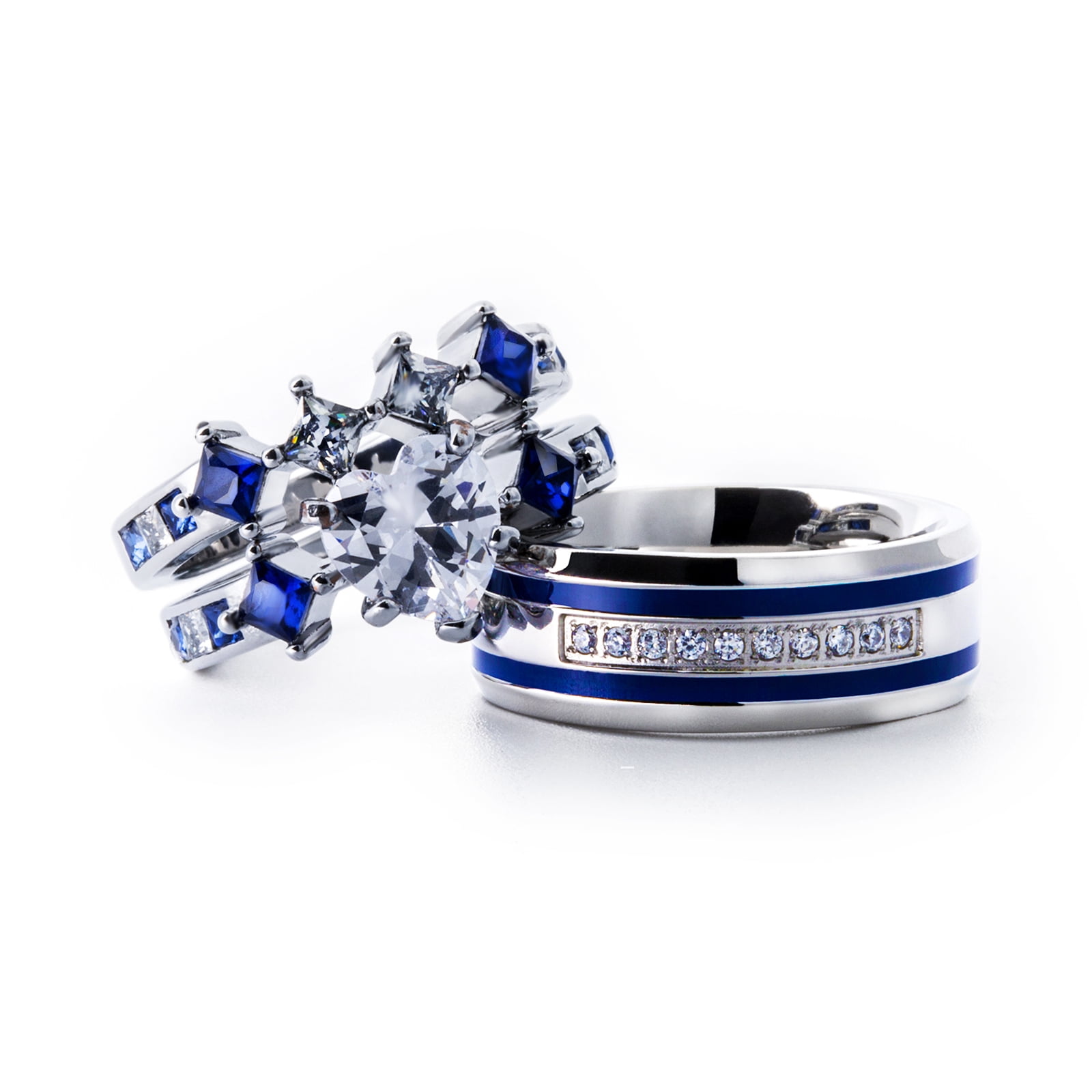 Wedding Ring Sets Couples Rings 10kt White Gold Plated Blue Sapphire Cz ...