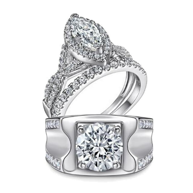 Wedding Ring Sets His And Hers Couples Women Marquise Diamond ...