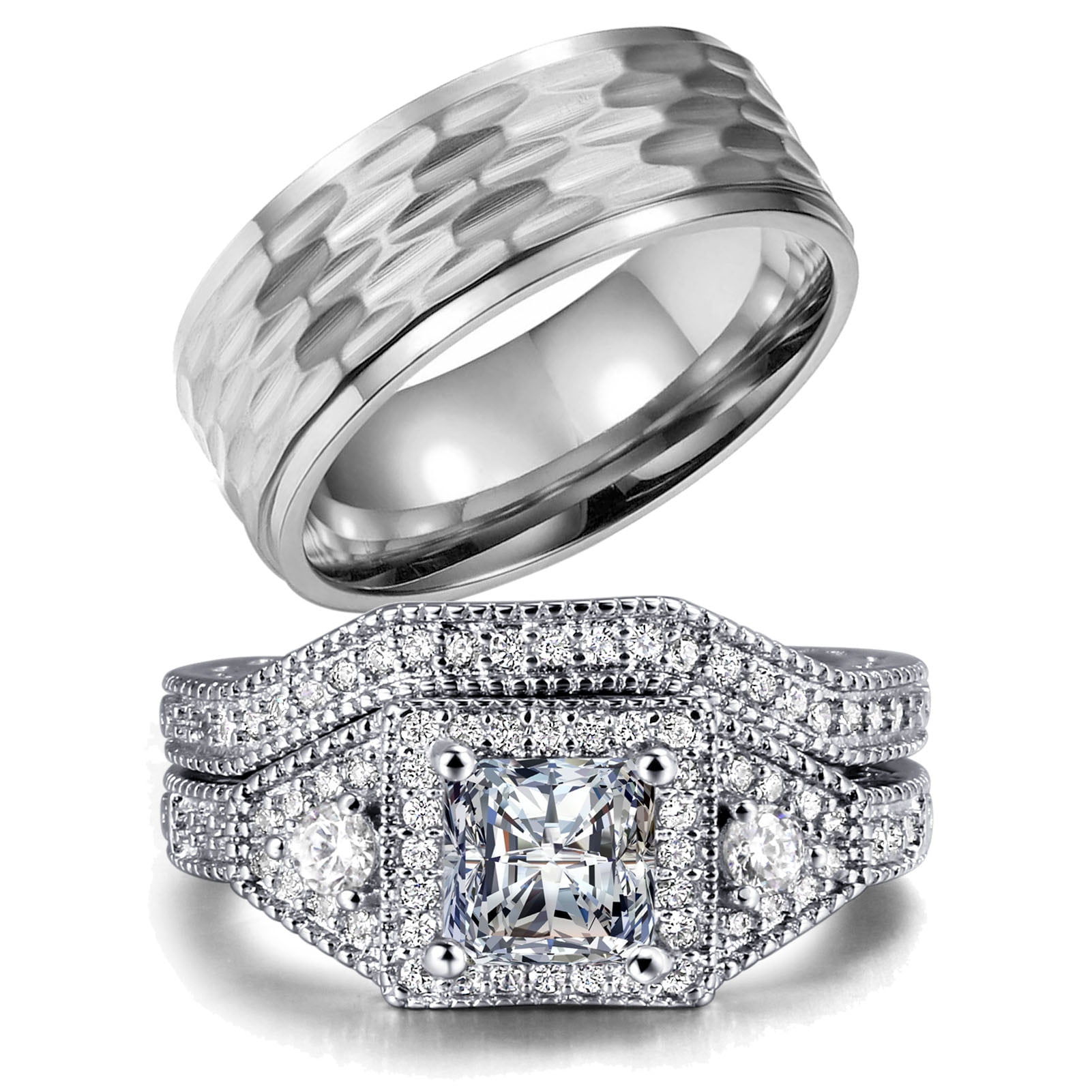 Wedding Ring Sets His And Hers Couples Women Sterling Silver moissanite ...