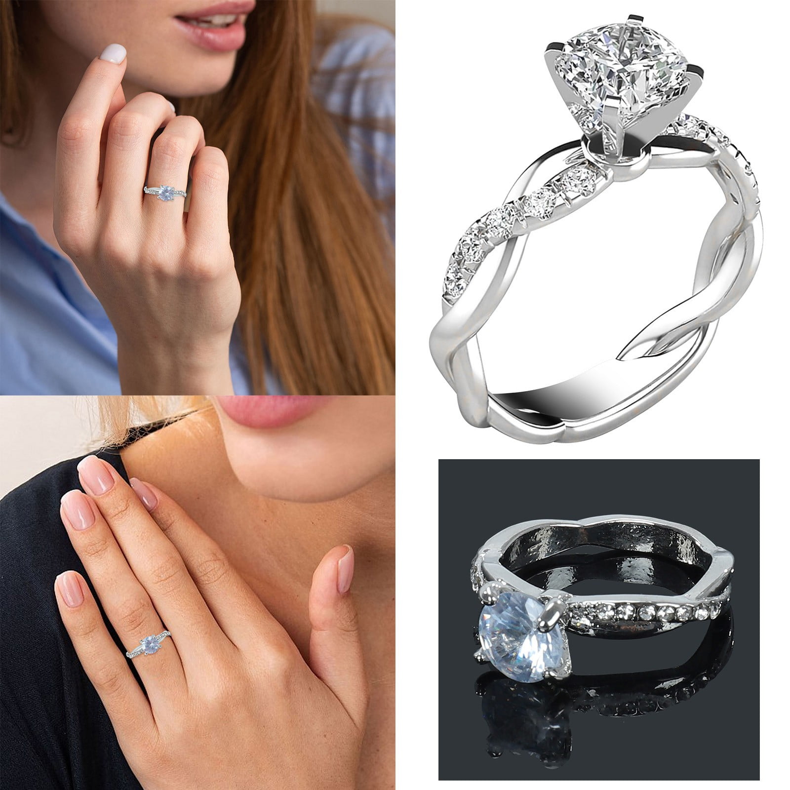 Wedding Ring Zircon Engagement Elegant Silver Bridal Band Ring Rings ...