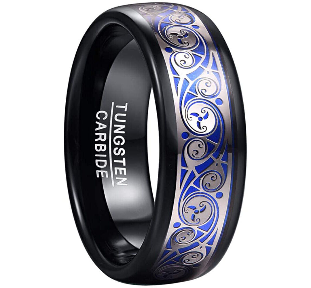 Valor Tungsten Wedding Ring Silver Inlay Black Diamonds Grooved ...