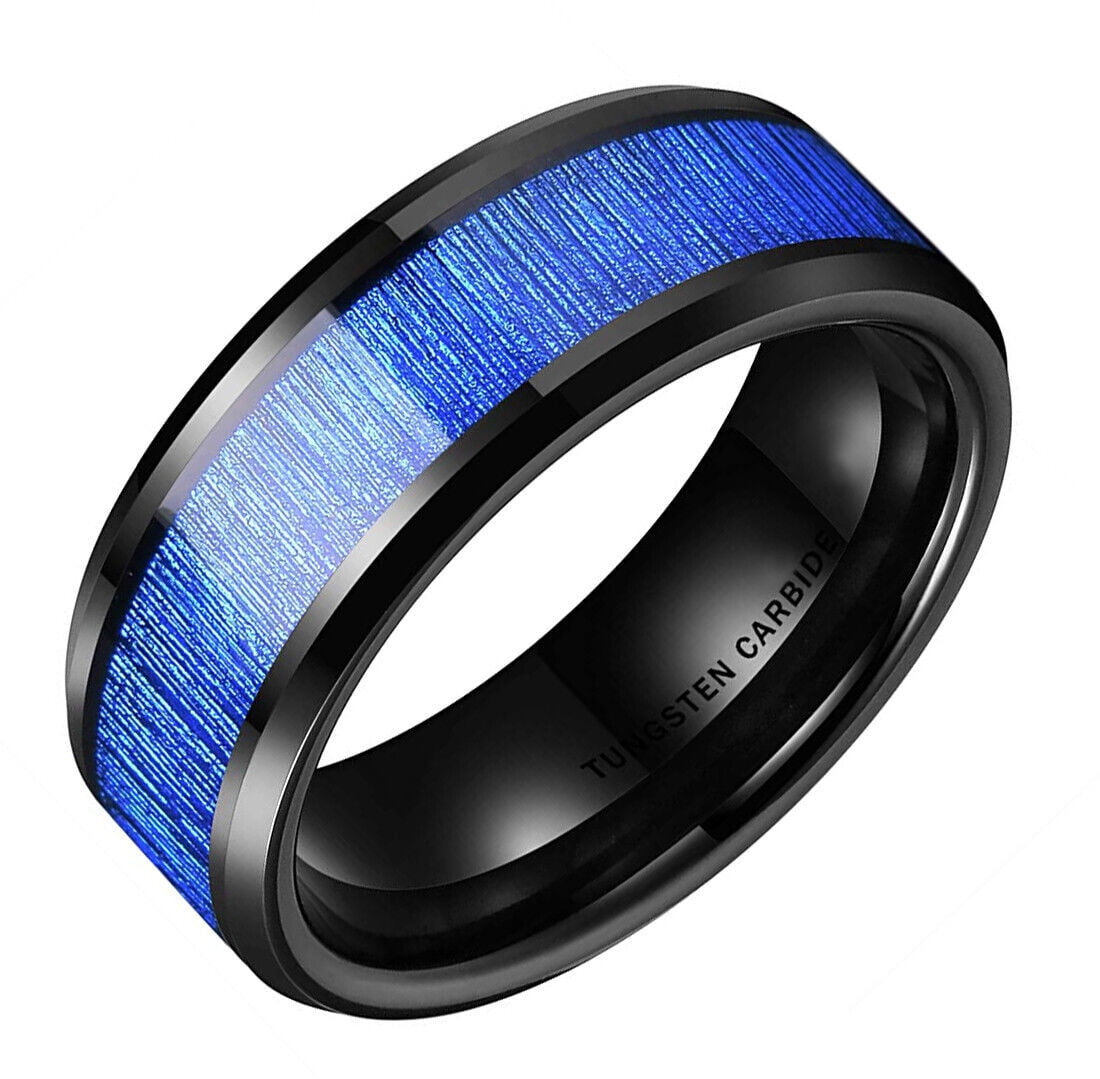 Wedding Rings For Men or Women. 8mm Black Tungsten Band Blue Wood Inlay ...