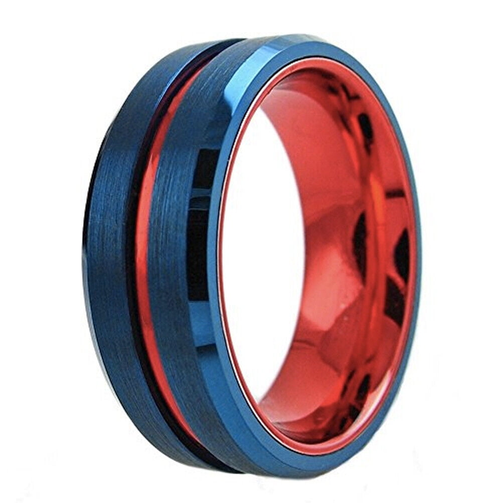Wedding Rings For Men or Women 8mm Blue Tungsten Band w Red Groove Line ...