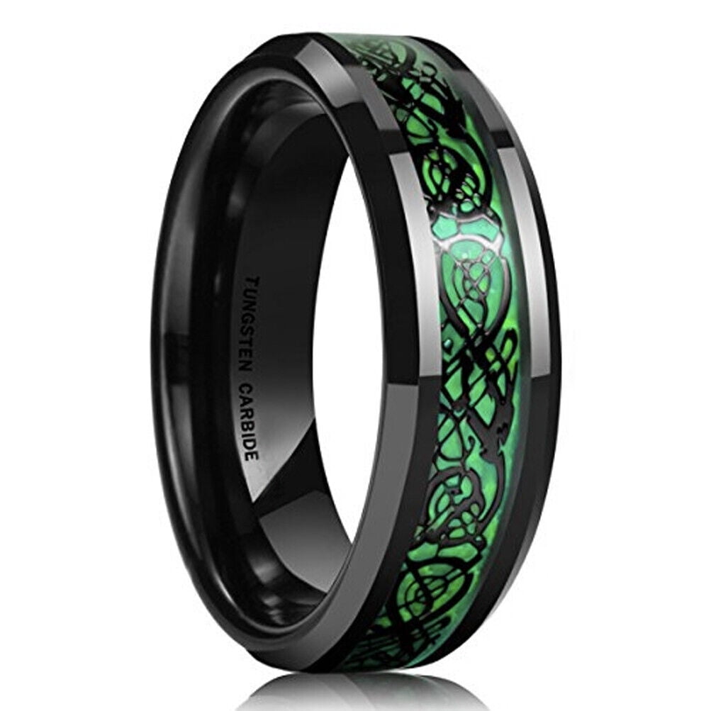 Wedding Rings For Women 6mm Black Celtic Tungsten Band w/ Green Inlay ...