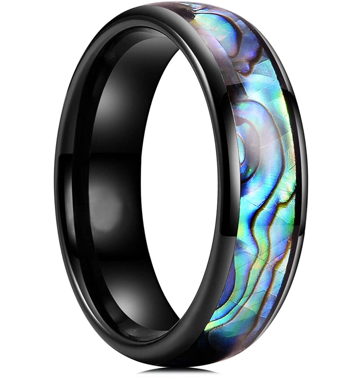 Wedding Rings Men & Women 6mm Domed Black Tungsten Abalone Wedding Band ...