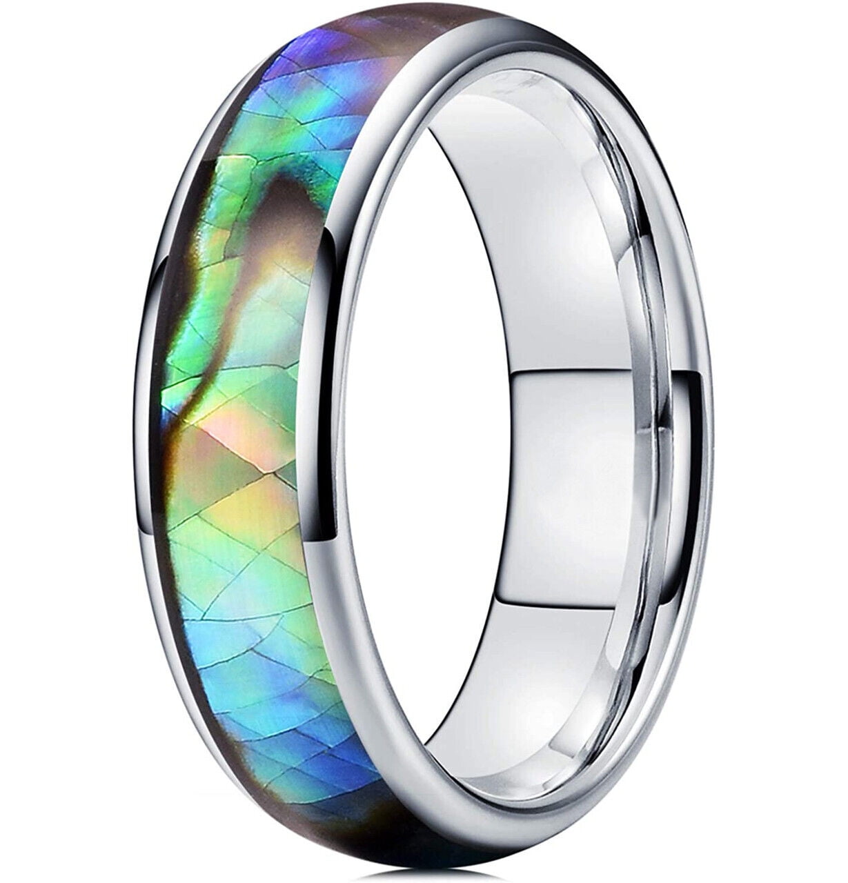 Wedding Rings Men & Women 6mm Domed Silver Tungsten Abalone Wedding ...