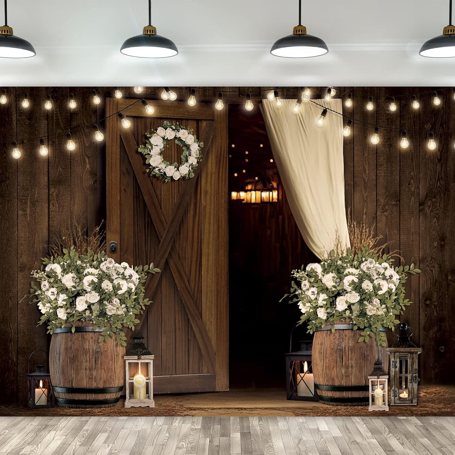 Wedding Rustic Barn Door Backdrop Vintage Country White Floral Wooden ...