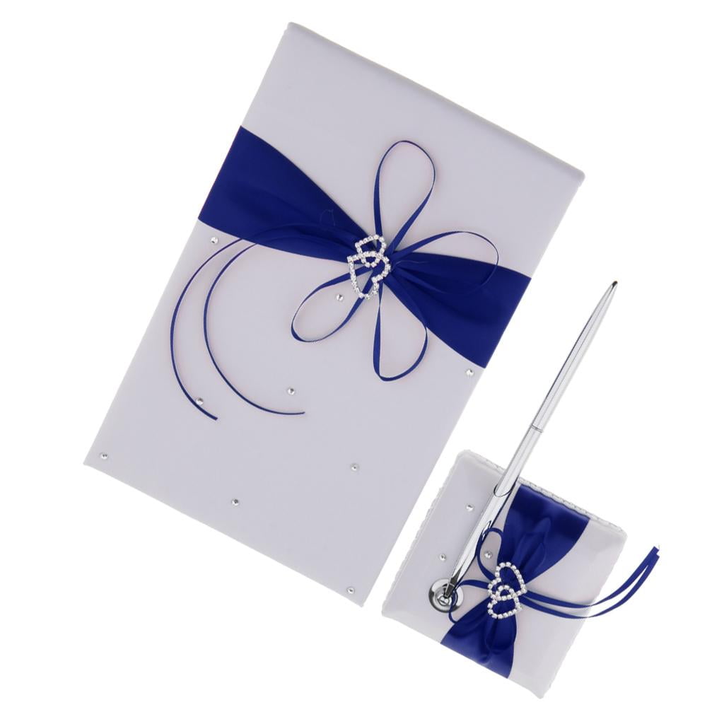 Wedding Satin Crystal Guest Book with Pen and Holder, Blue Reception ...