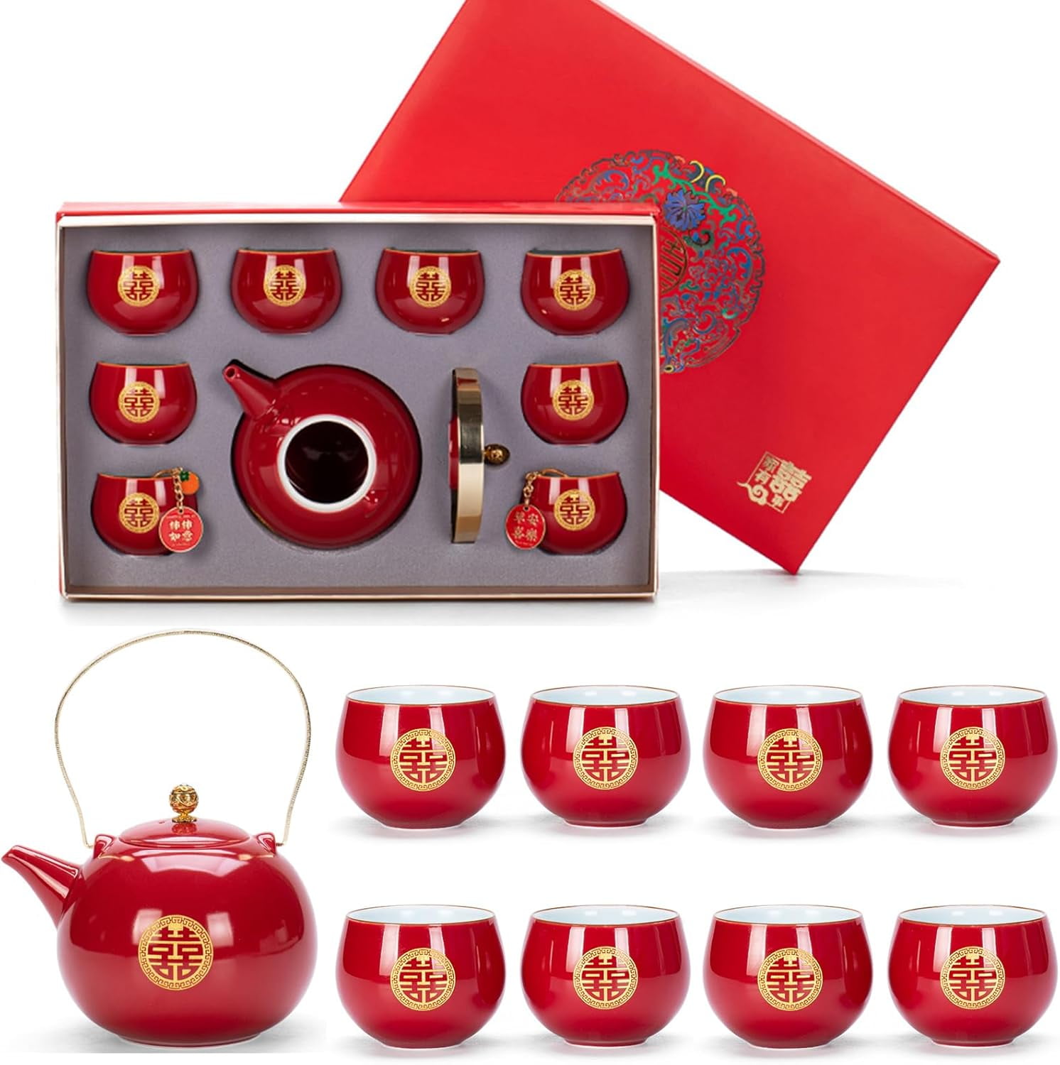 Wedding Tea Set，Chinese Traditional Red Porcelain Double Happiness ...