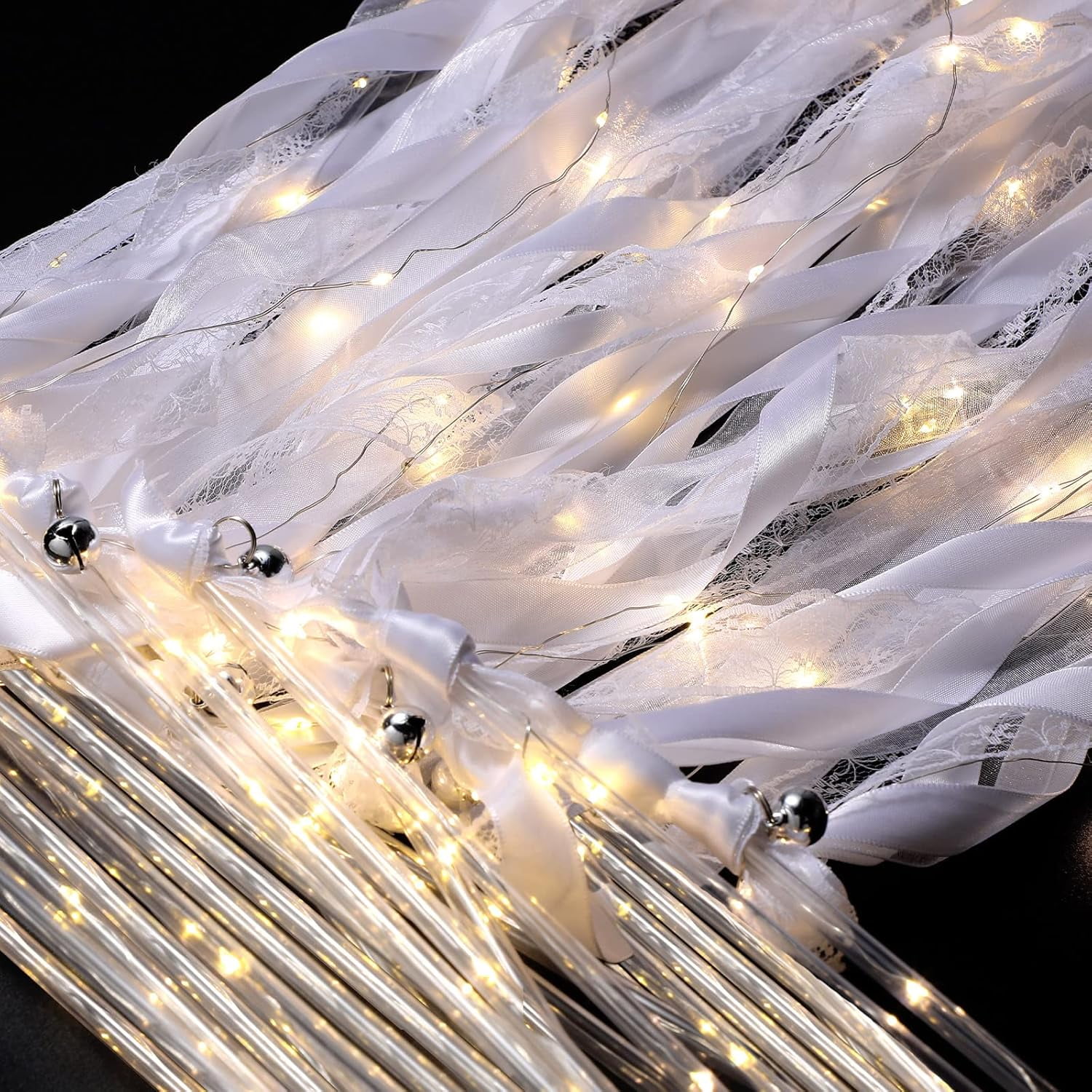 Wedding Wands with Ribbon Streamers and Bells, LED Fairy Light Up Silk ...