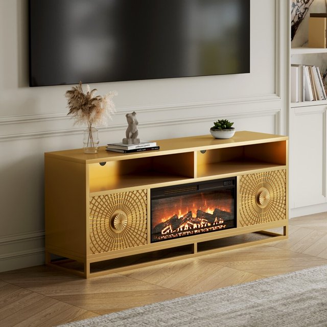 WedealFu Inc Moasis 70" Wide Mid-Century Modern TV Stand with 30" Electric Fireplace Gold ...