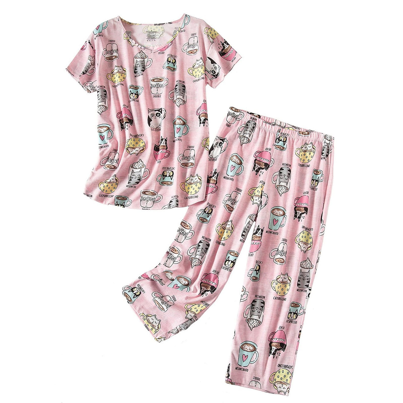 Wedfrse Womens Cotton Pajama Set, Short Sleeve Summer Loungewear, Pink ...