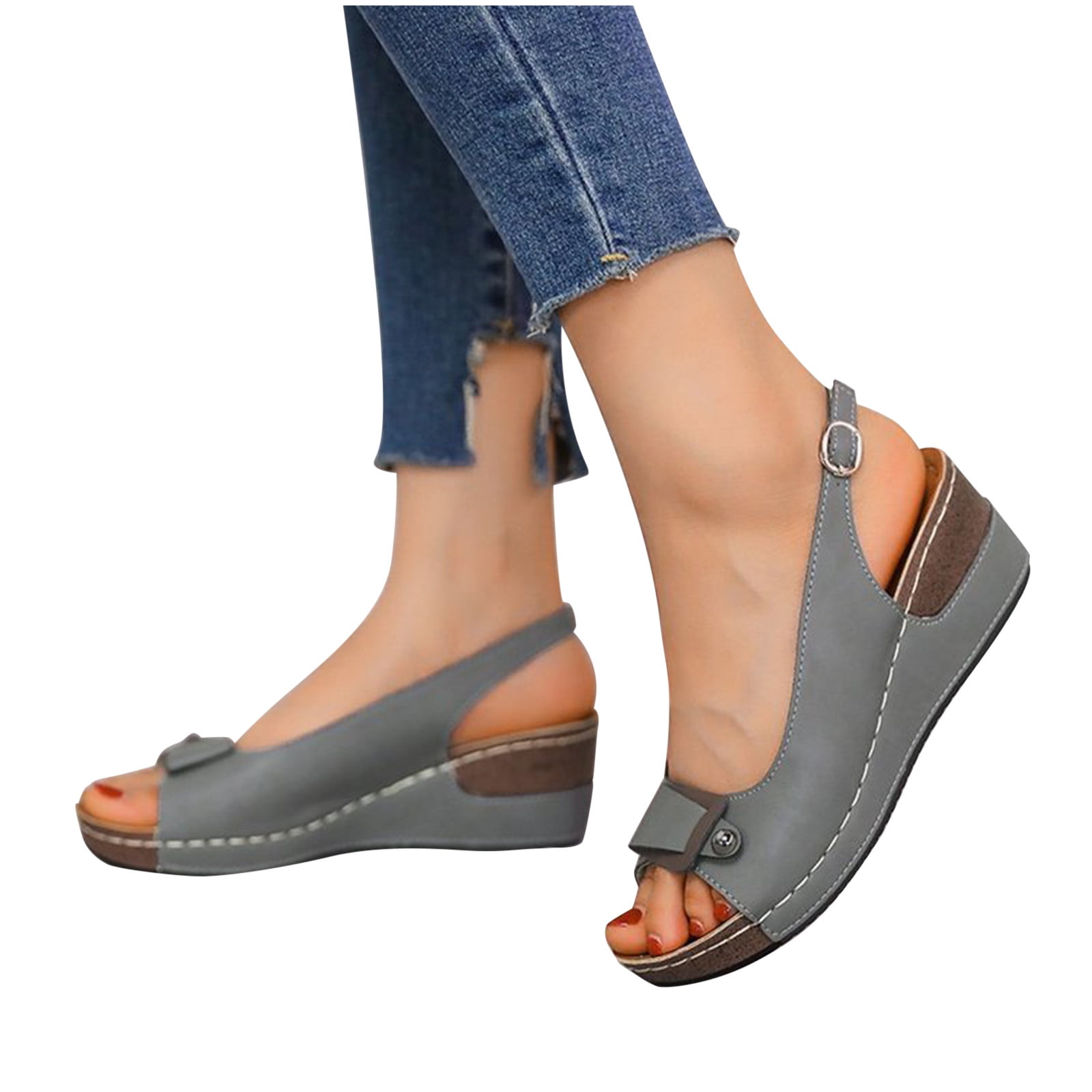 Wedge Heel Sandals for Women Vintage Ankle Strap Low Wedge Sandals Open ...