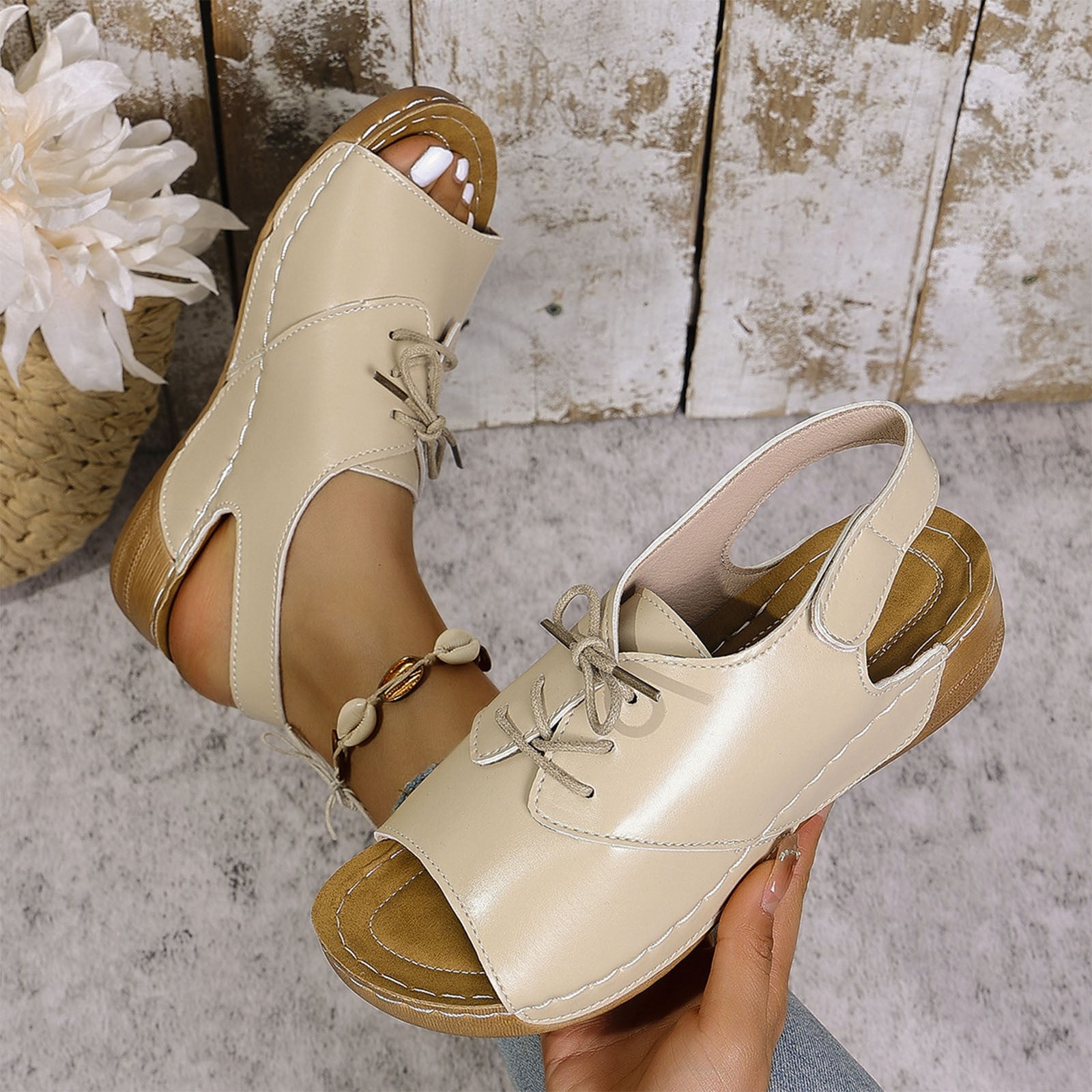 Wedge Sandals for Women Summer Hook & Loop Leather Sandals Casual ...