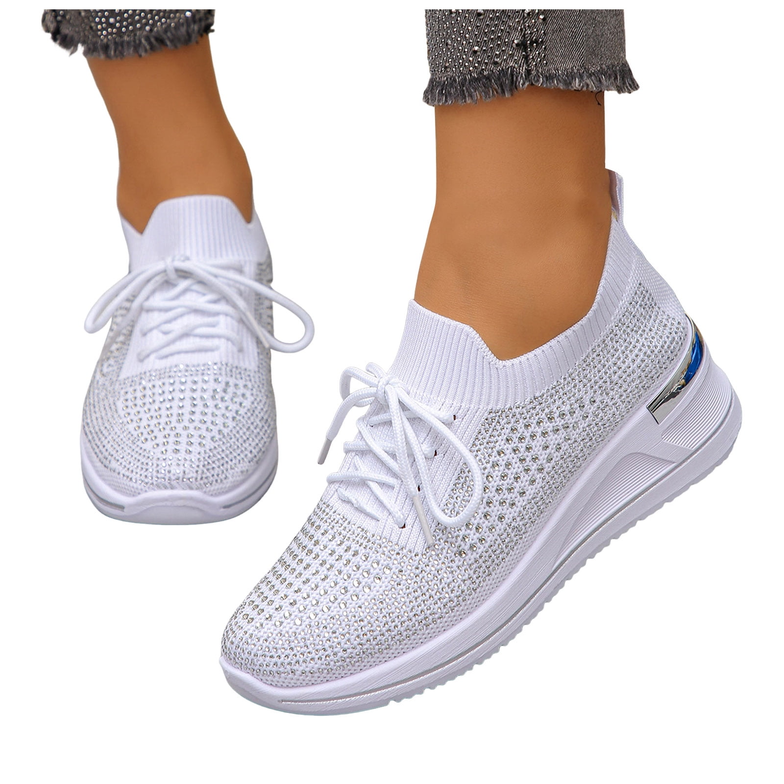 Wedge Sneakers for Women Sparkly Rhinestone Knit Mesh Casual Lace up ...