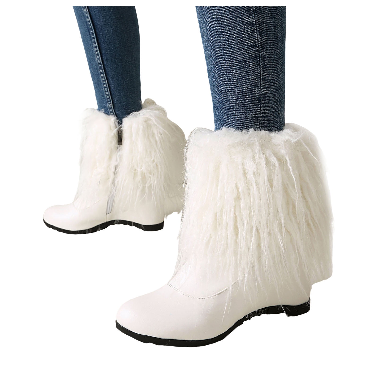 Wedge White Platform Boots for Women Fuzzy Fluffy Mid Calf Snow Boots ...