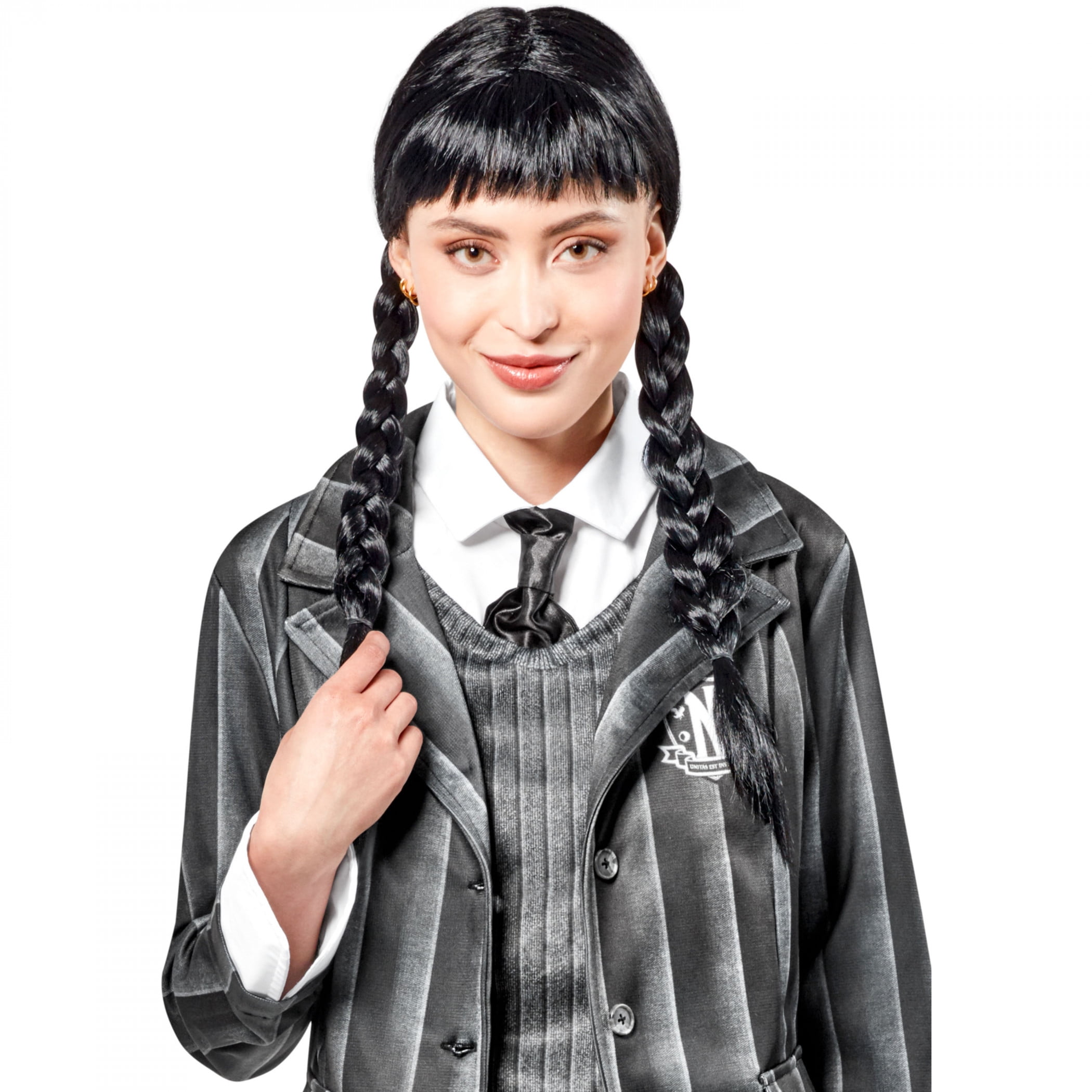 Halloween Wednesday Addams Nevermore Academy Adult Wig with Jet Black ...