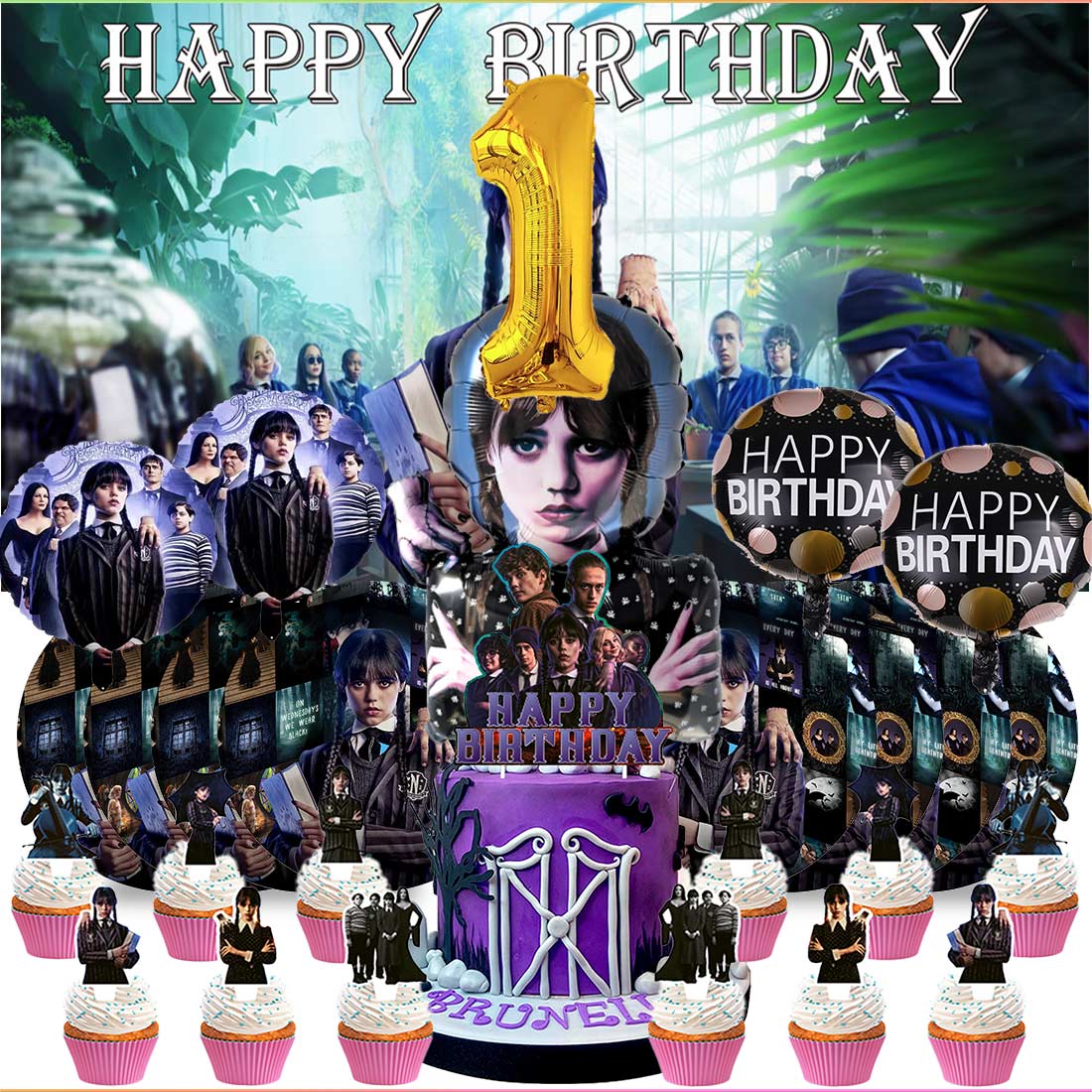Wednesday Addams 1st Tableware Balloons Cake Toppers Backdrop Banner ...