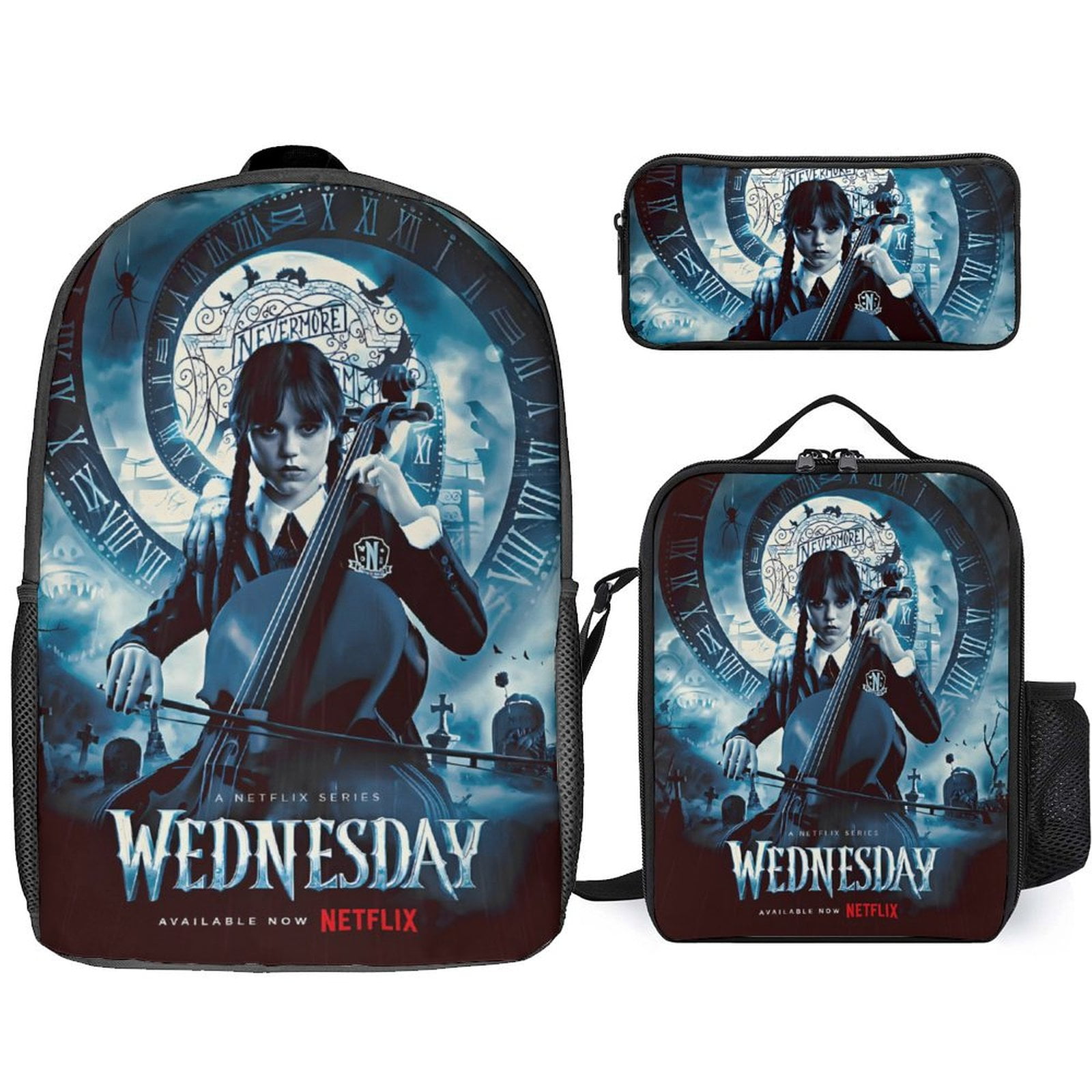 Wednesday Addams 3 Piece Backpack Set with Lunch Bag Pencil Case, High ...