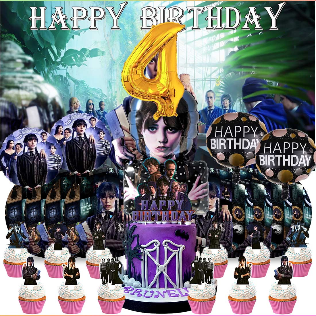Wednesday Addams 4th Tableware Balloons Cake Toppers Backdrop Banner ...