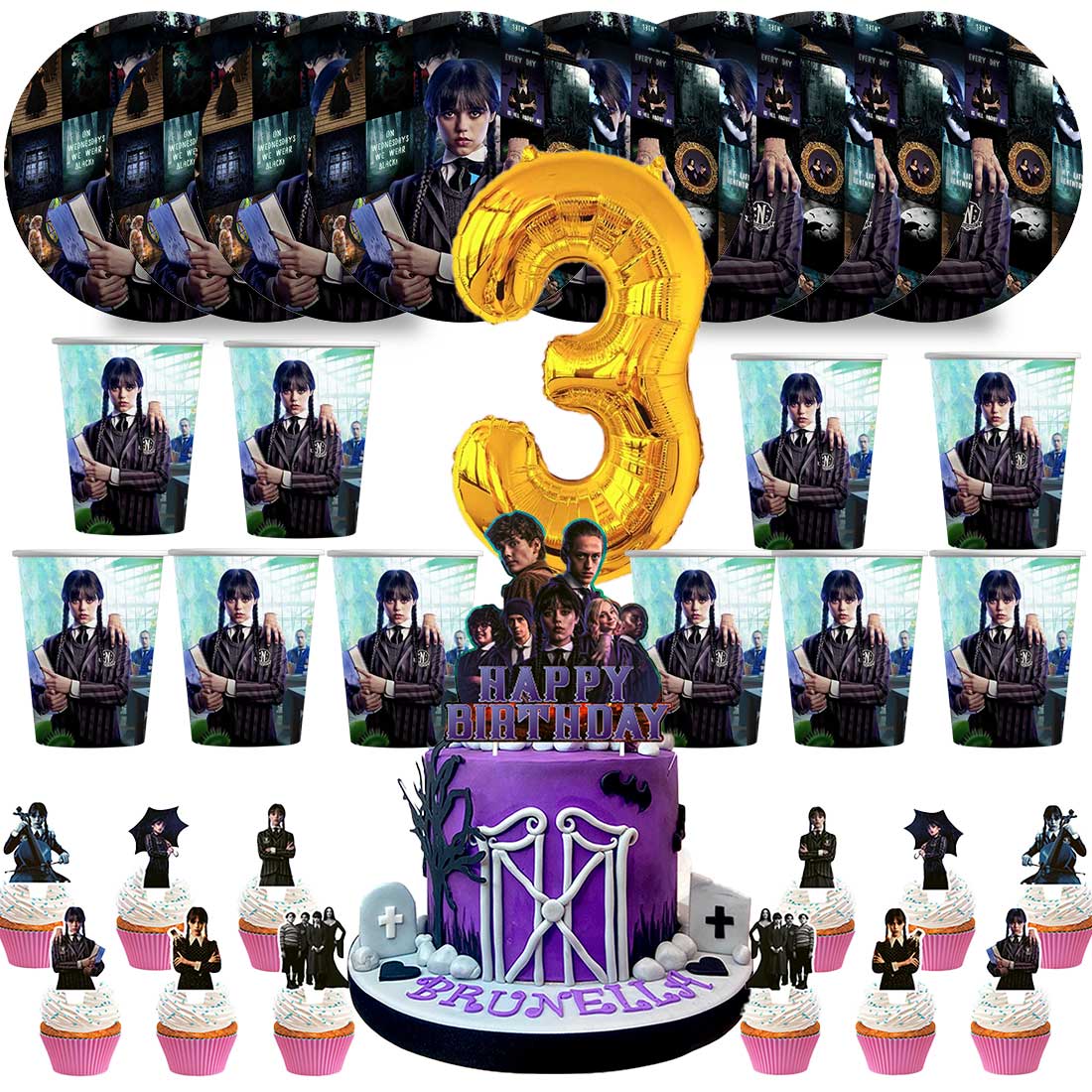 Wednesday Addams Birthday 3rd Cups Party Supplies Plates Fans ...