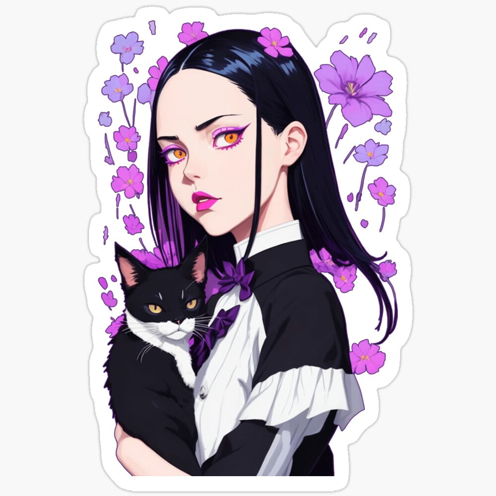Wednesday Addams Cat Cyberpunk Purple Flowers Sticker Phone Decal Water ...