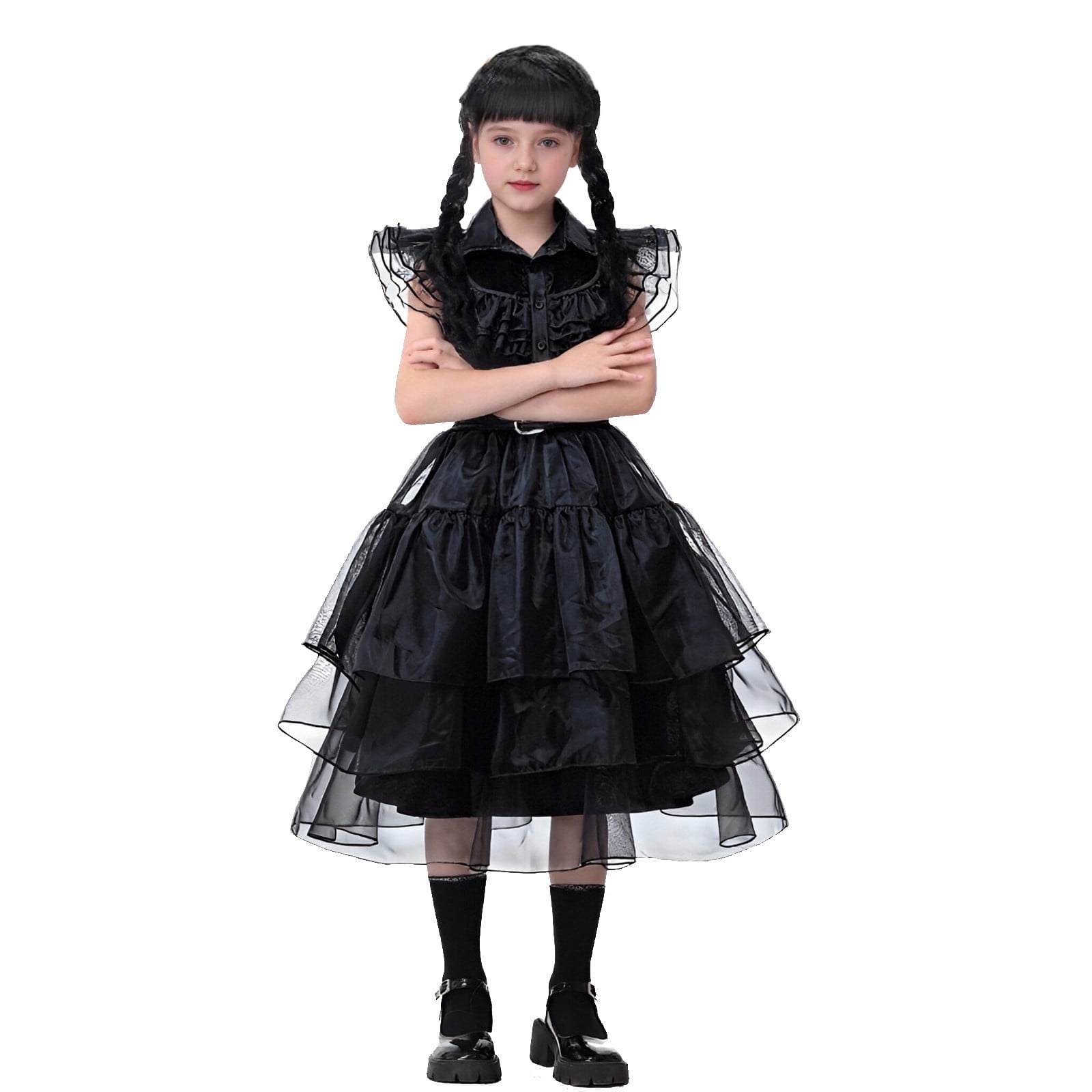 Wednesday Addams Costume Girls Mesh Dress With Long Sleeves And Elegant ...